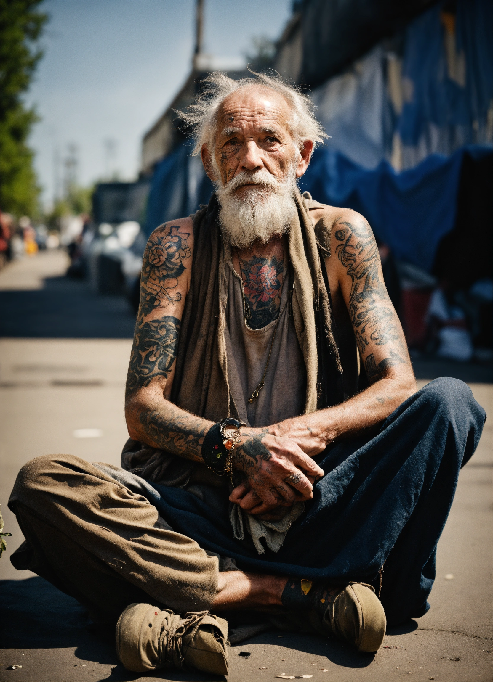 Lexica - Homeless old man in dirty dresses with tattoos covered face
