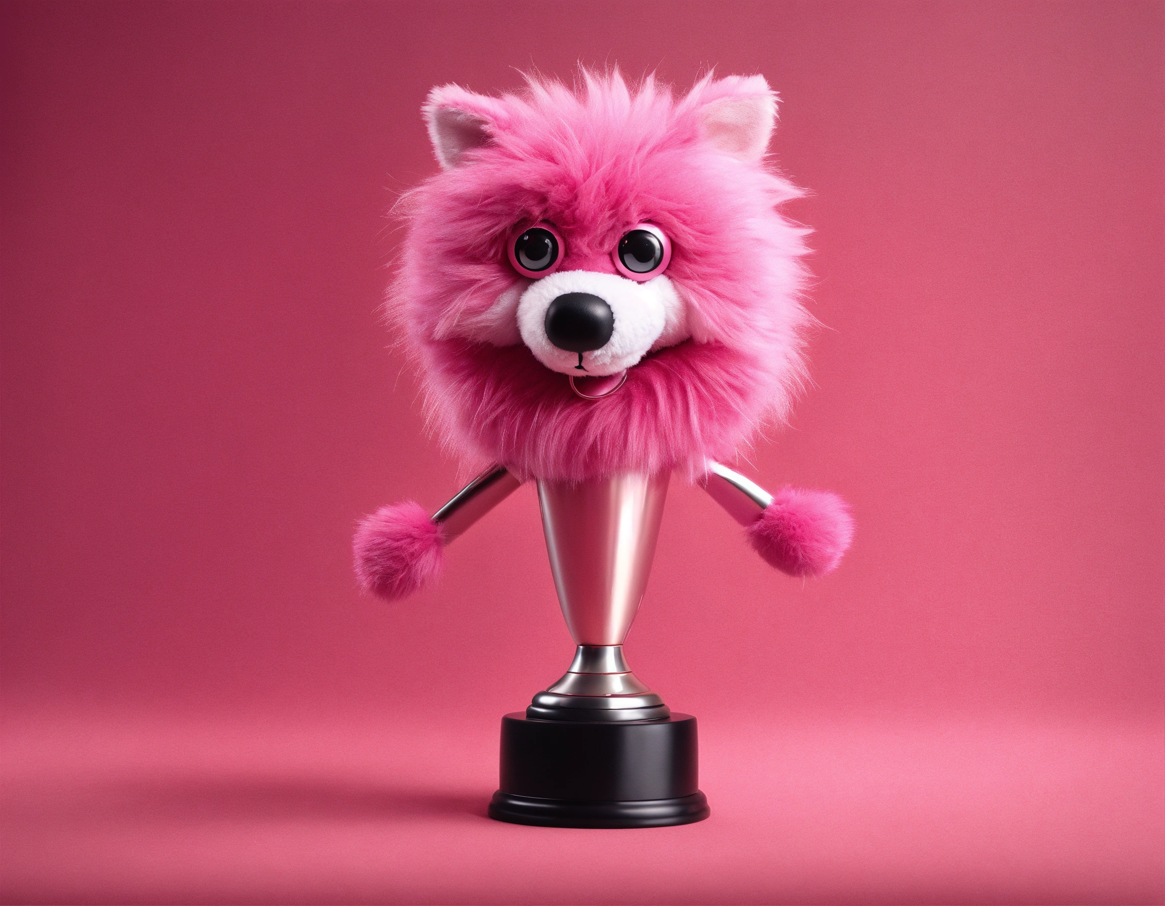 Lexica - Pink furry puppet hand holding a trophy, realistic
