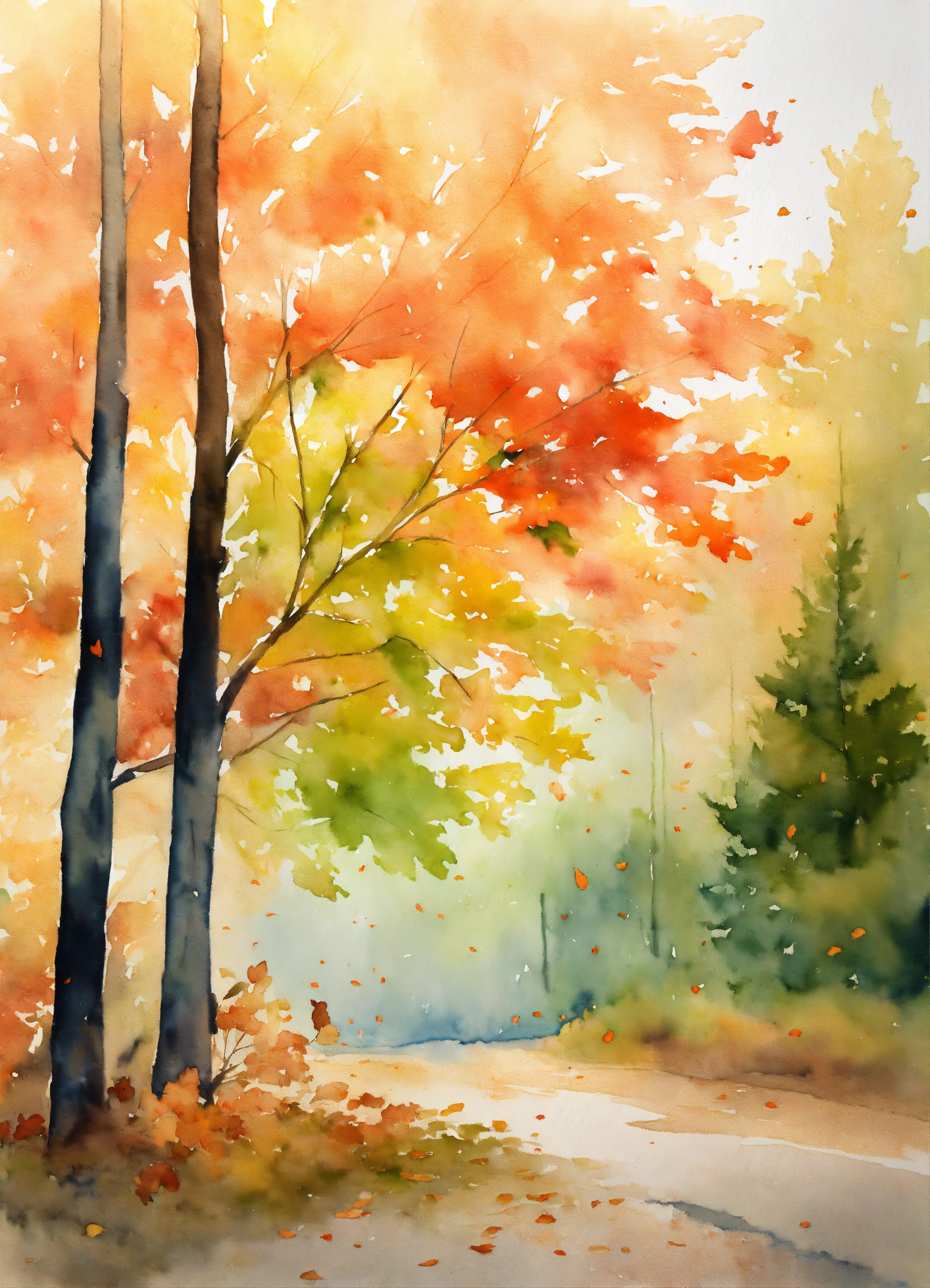 Lexica - Flora, landscape - autumn maples, green spruce trees, flying ...