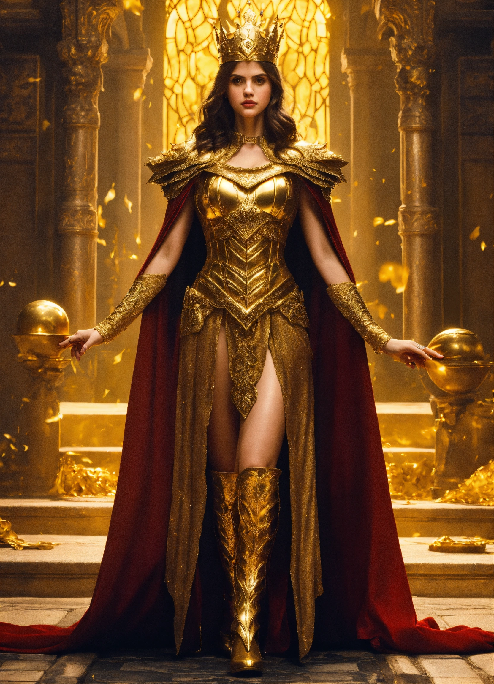 Lexica - Alexandra Daddario as mage goddess in golden armor with golden cape and crown, full ...