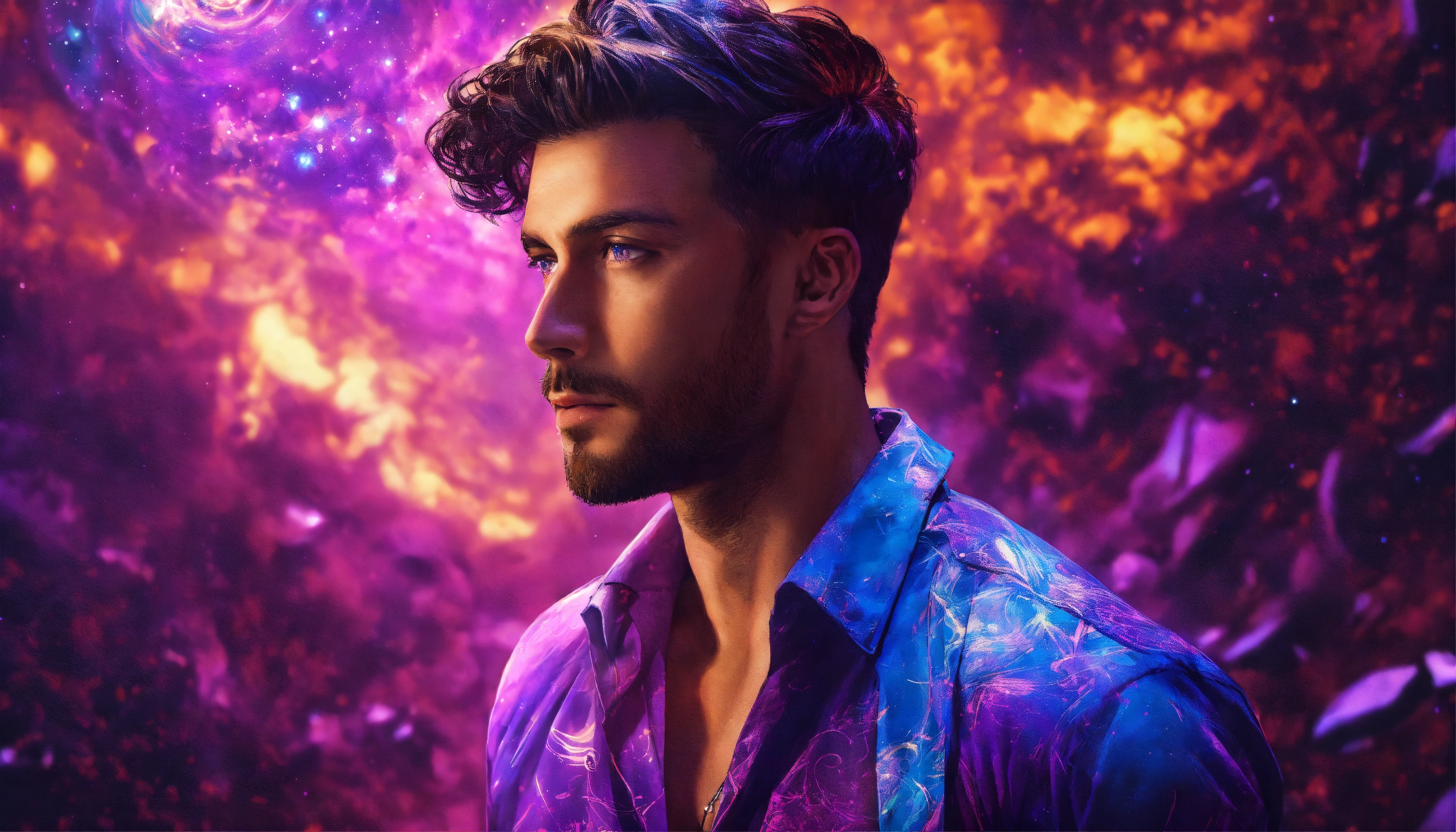 Lexica - Handsome man, looking up, shirt unbuttoned, negative patterns ...