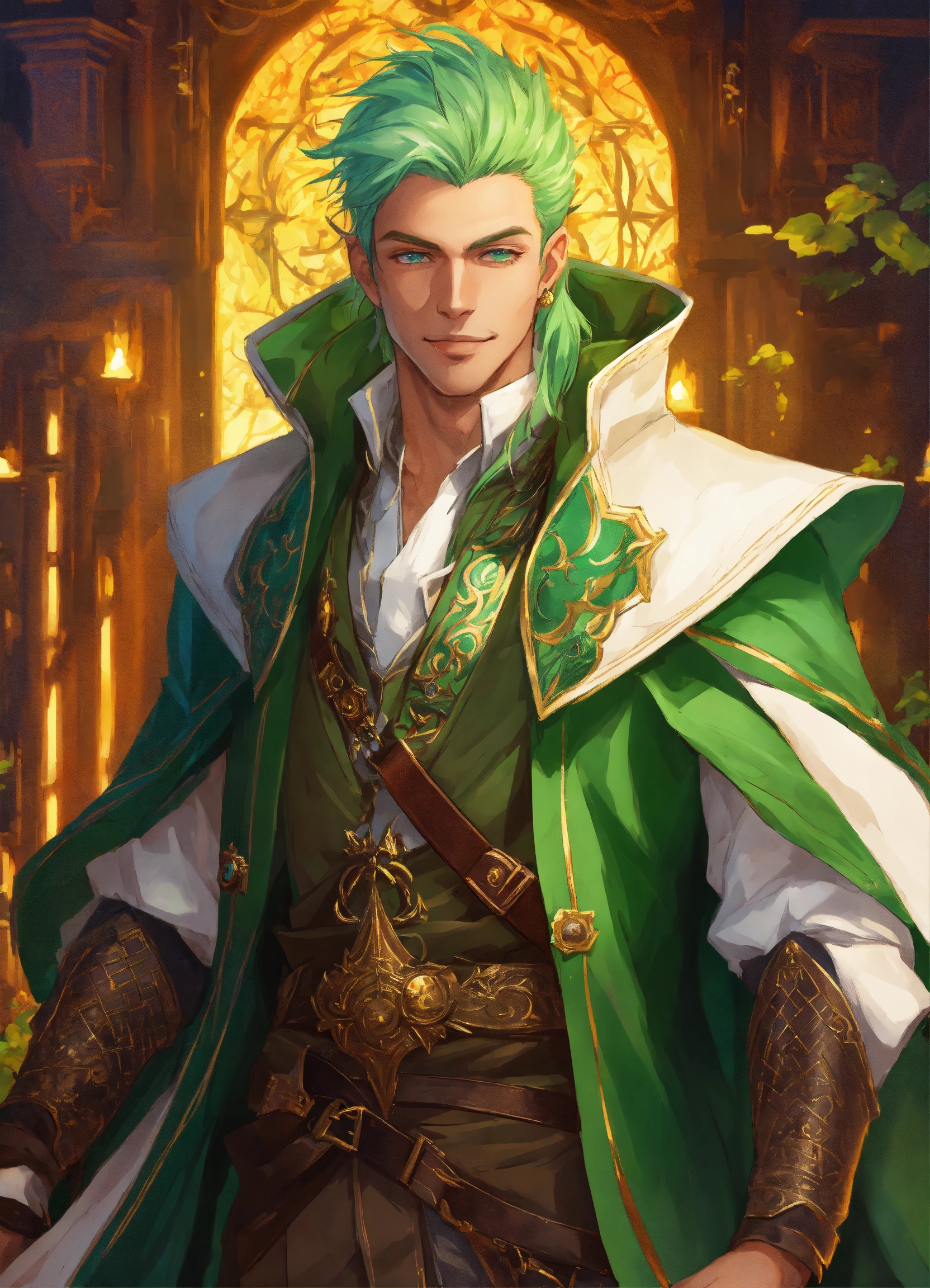 Lexica - Confident male wind mage, green hair, nobleman, smirk, white ...