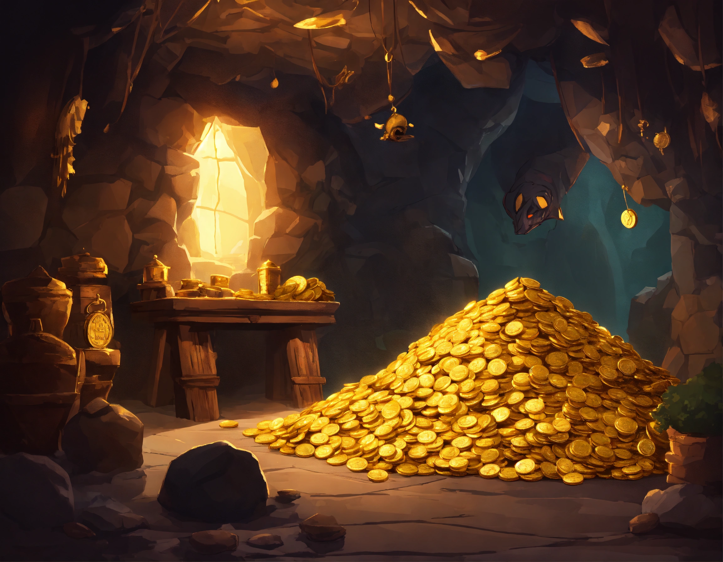 Lexica - Dark cave room full of golden coin piled up, sleeping monster ...