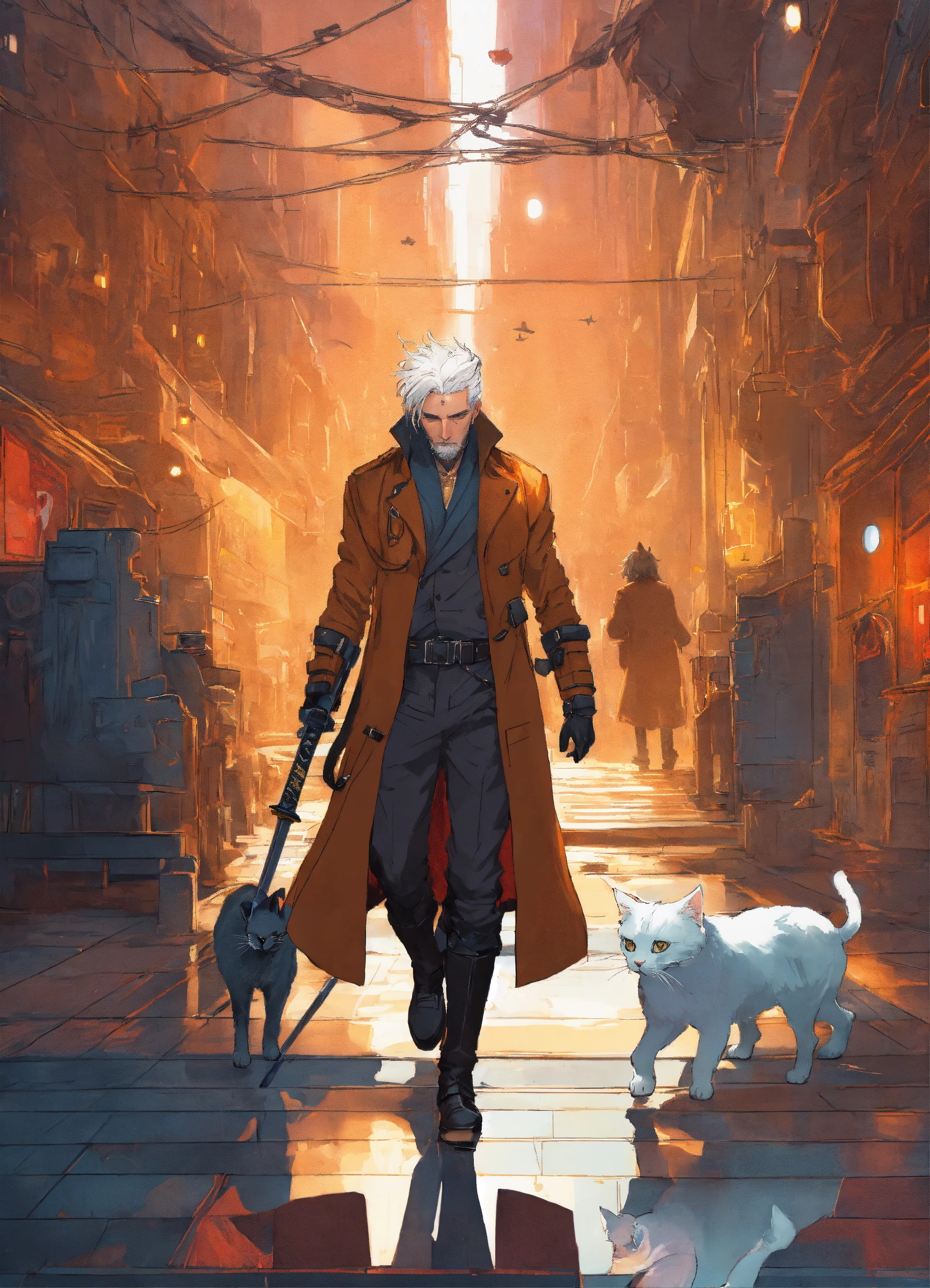 Lexica - Brutal silver haired men with sword in biopunk trenchcoat with ...