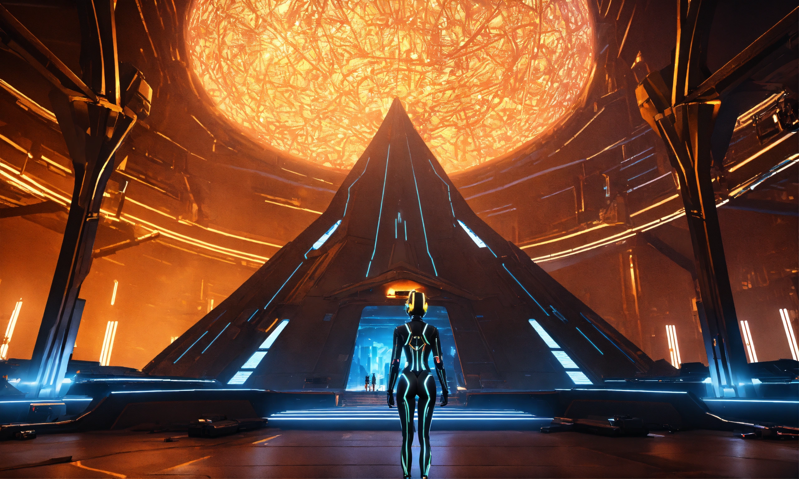 Lexica - Wide shot of the back of a female super spy wearing a tight ...