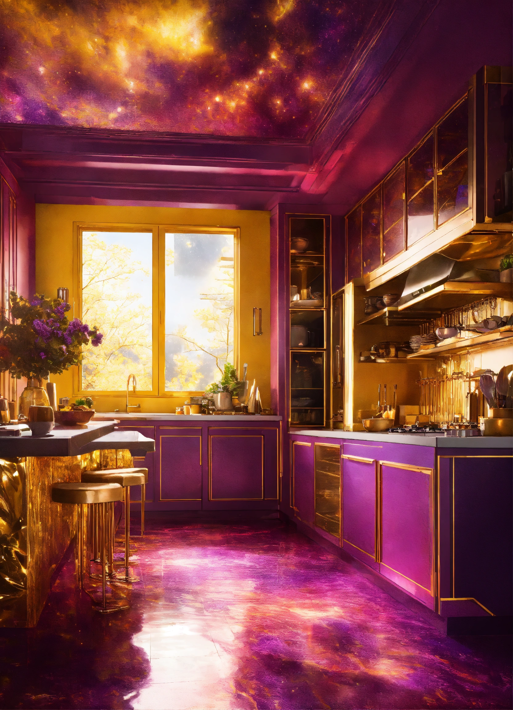 Lexica - A cosmic kitchen with yellow gold purple magenta colors a lot ...