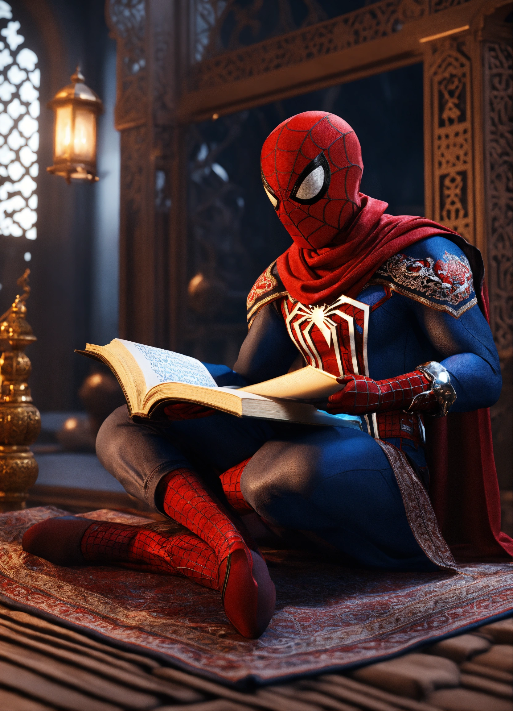 Lexica - Spiderman wearing skull cap, holding prayer mat on his ...