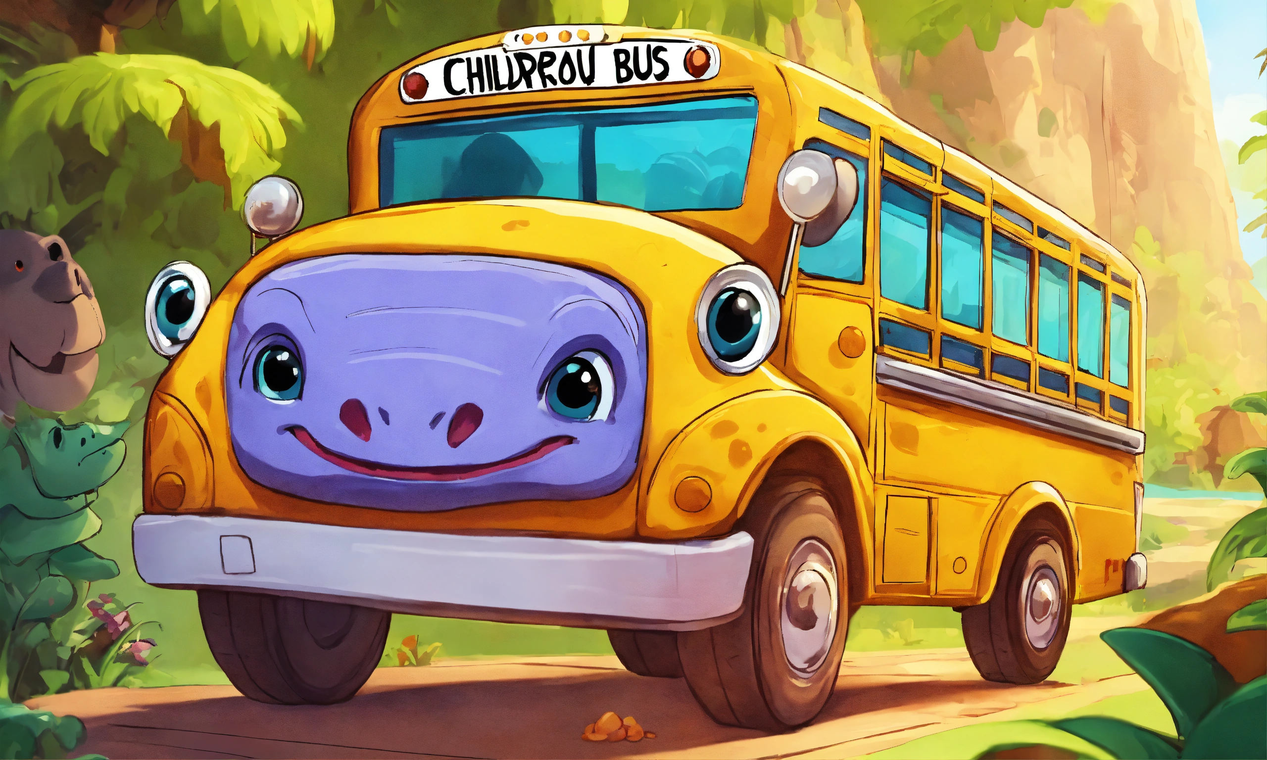 Lexica - Cartoon cute dino in the form Children school bus, 2d cartoon ...