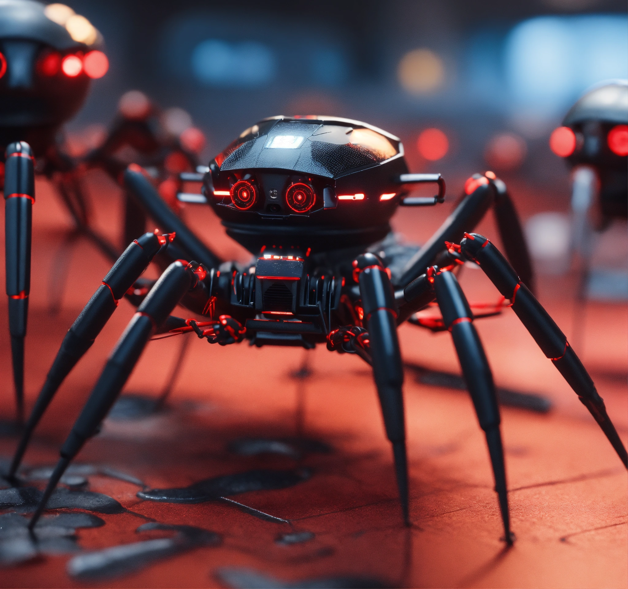 Lexica - Zoom out on a group of 5 small black spider bots with sharp ...