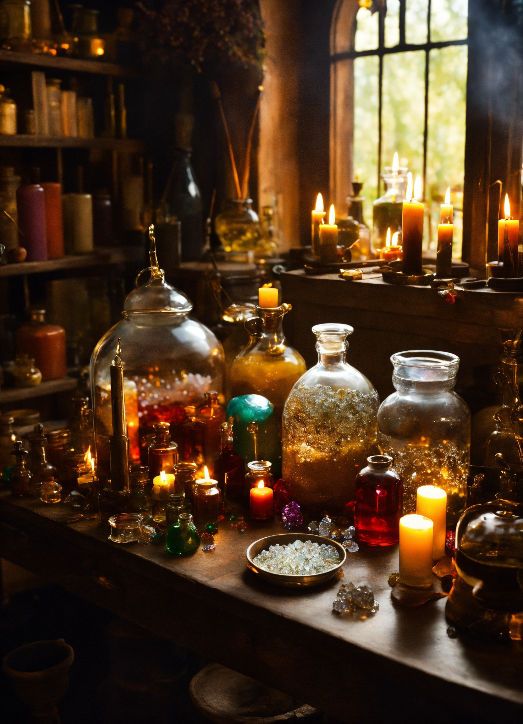 Lexica - A table full of potions, candles, crystals, and a pot of ...