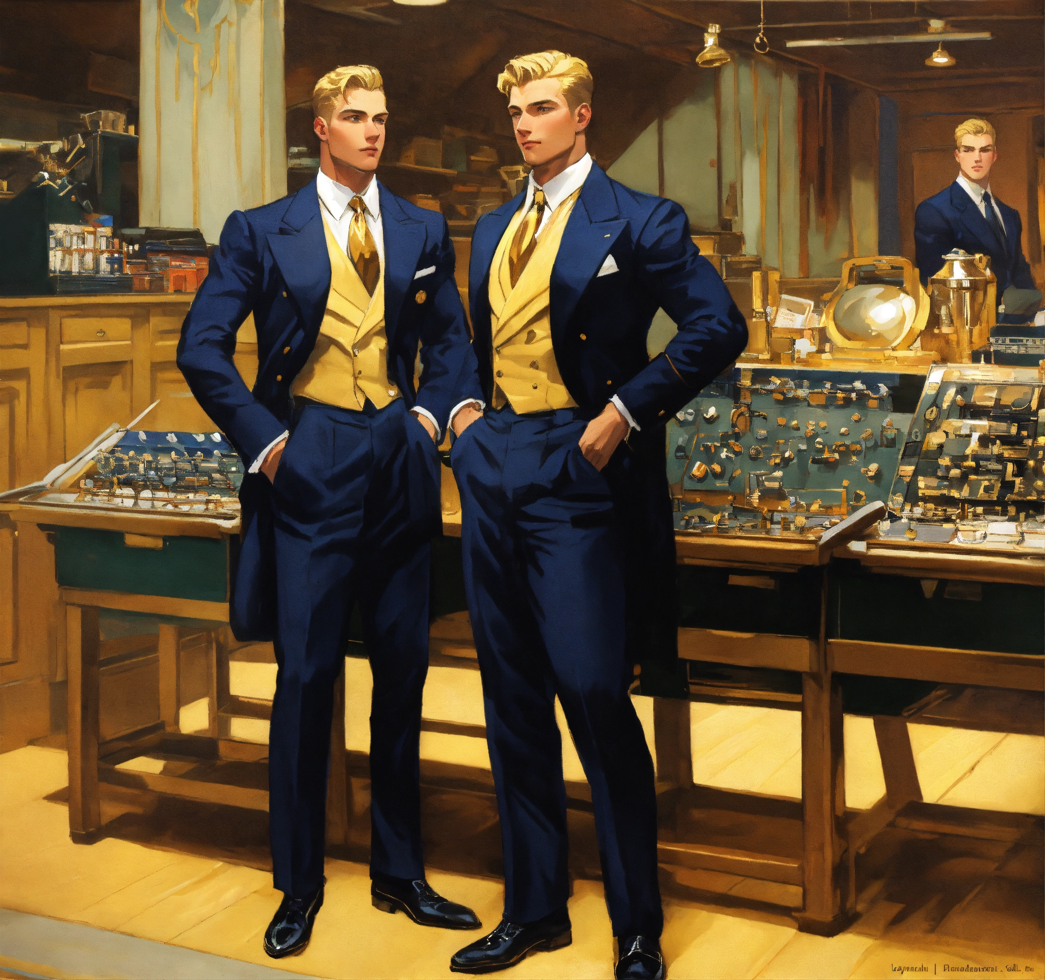 Lexica - Two blonde muscled male traders in navy suit, golden tie, in a ...