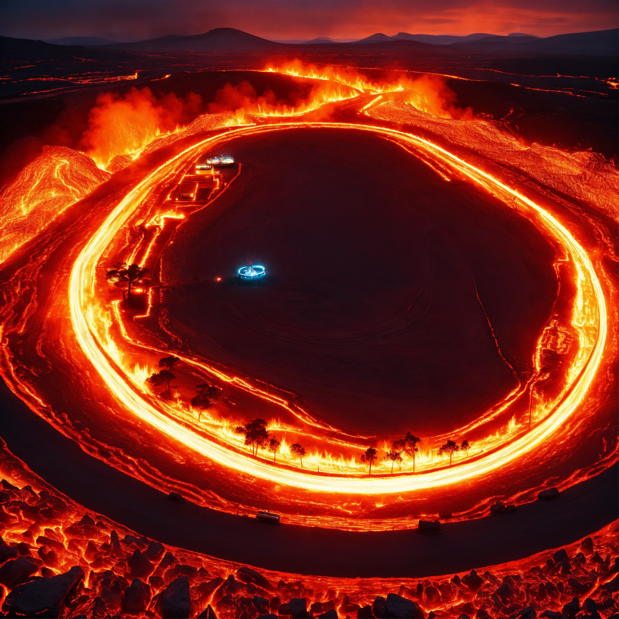 Lexica - A high speed oval racetrack amidst a lava flow scene, alive ...