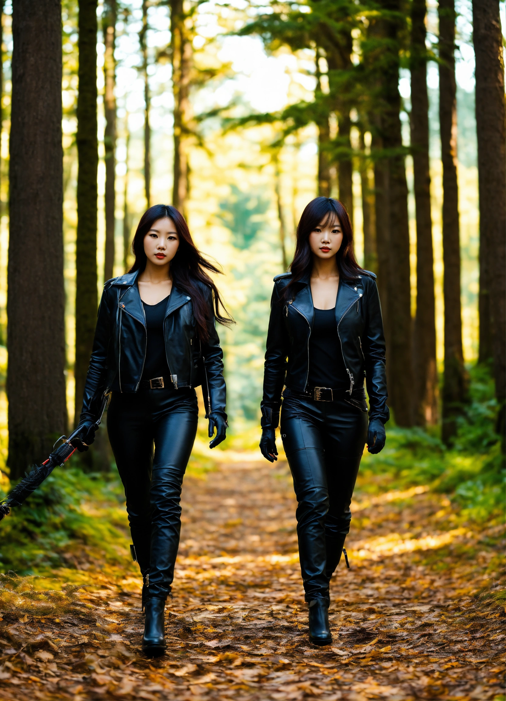 Lexica - Two beautifull asian huntresses wearing black leather jacket ...