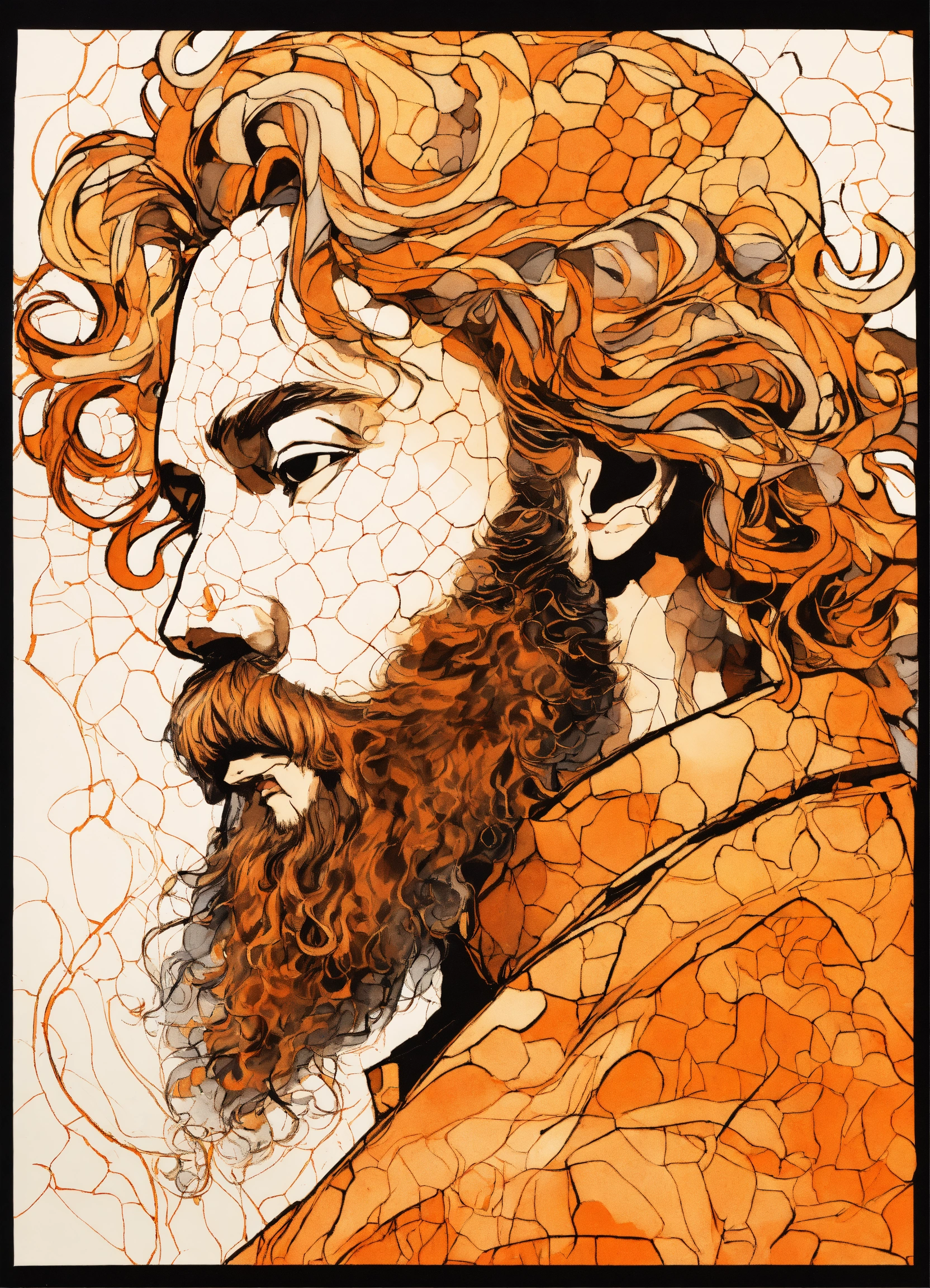 Lexica - A portrait. a long-bearded man with curly orange hair swirling ...