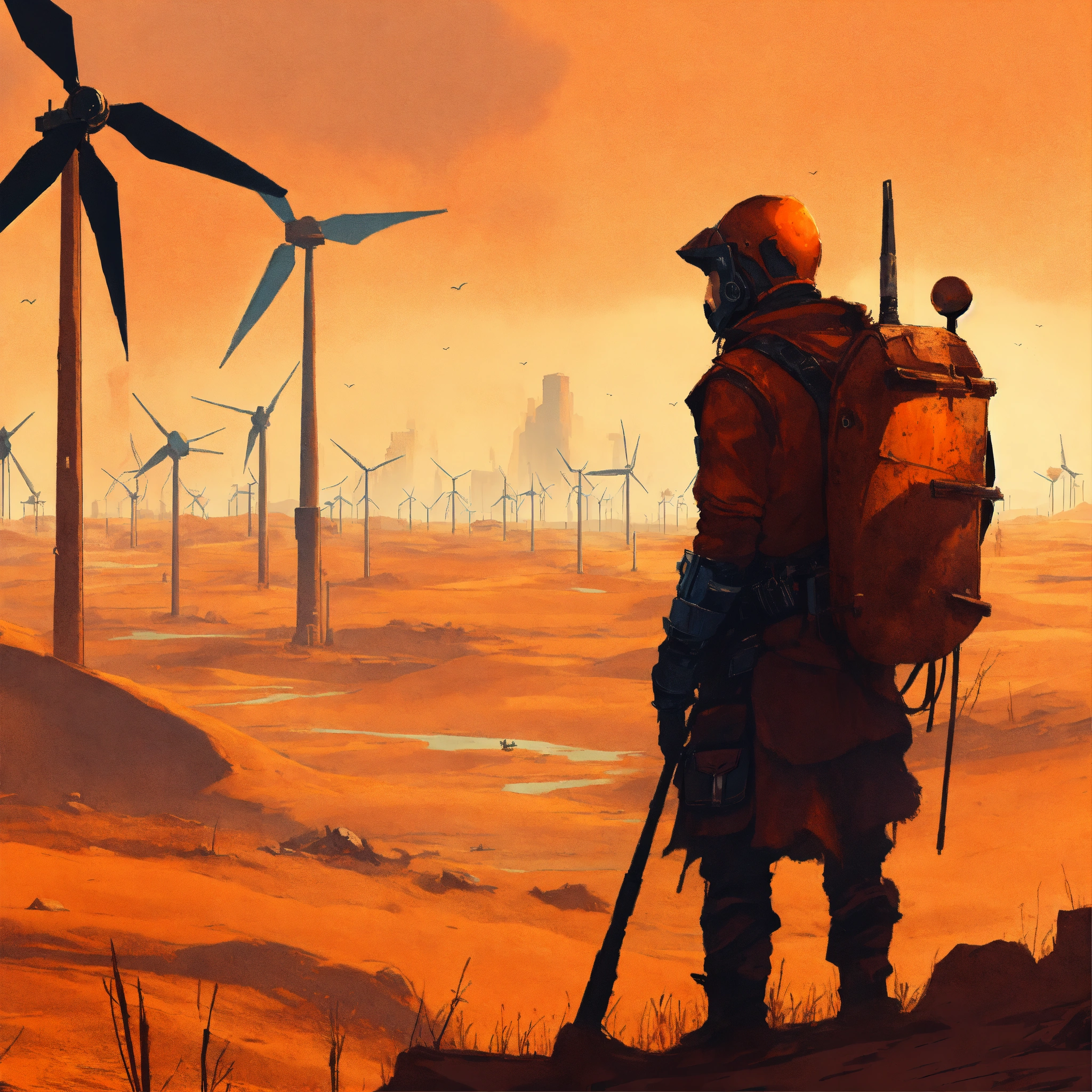 Lexica - Illustrate a lone explorer amidst rusted windmills on an ...