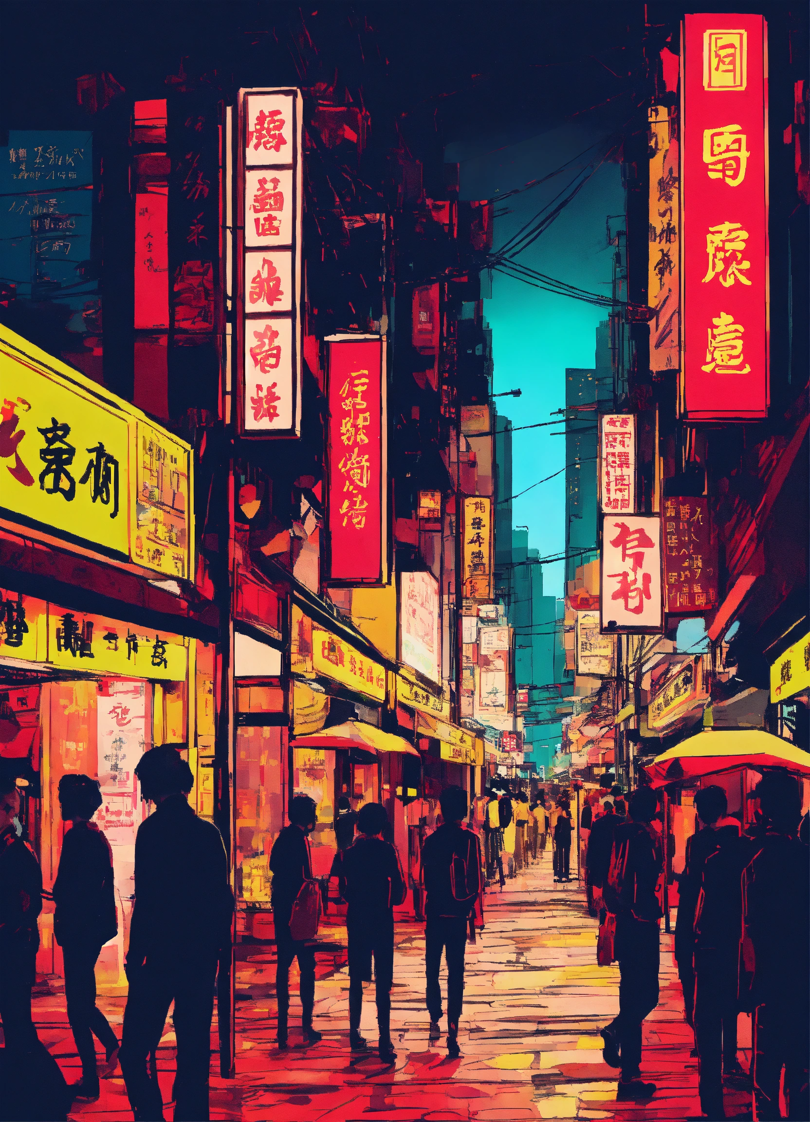 Lexica - Mongkok, night, full neon scenery, sketch style, simple ...