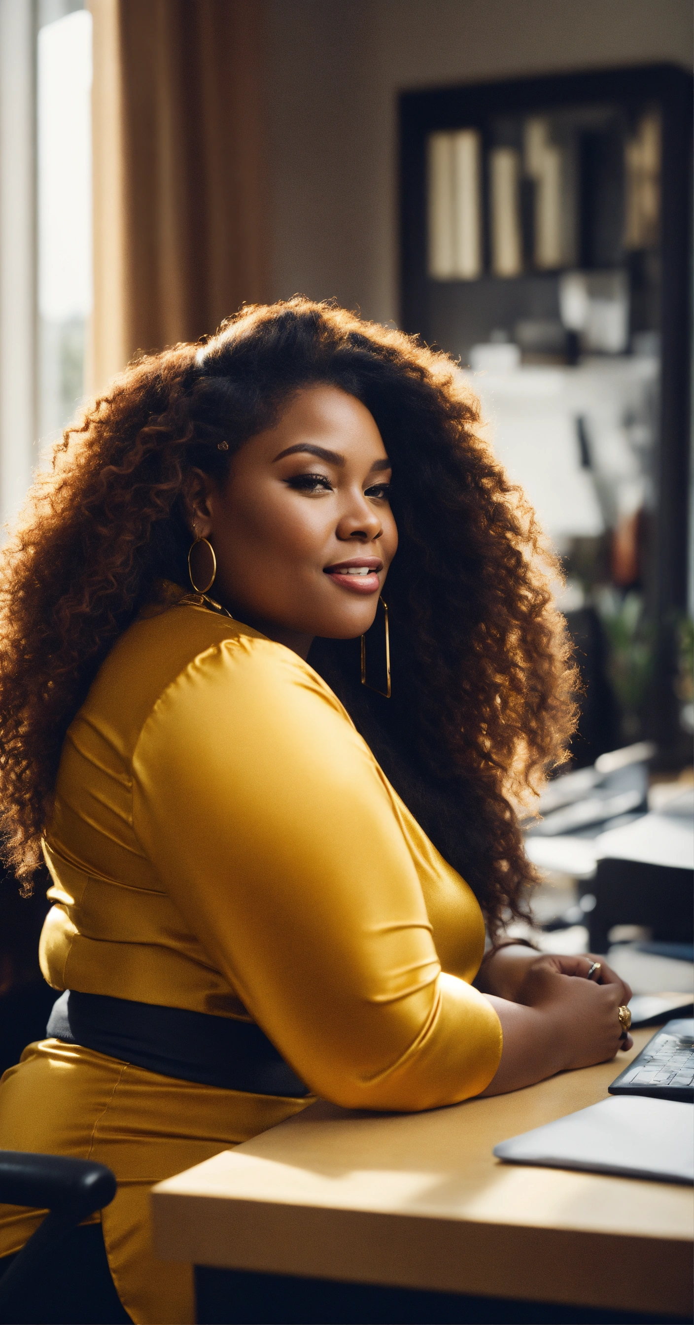 Lexica - Fashion Portrait of plus size black women, sitting at desk ...