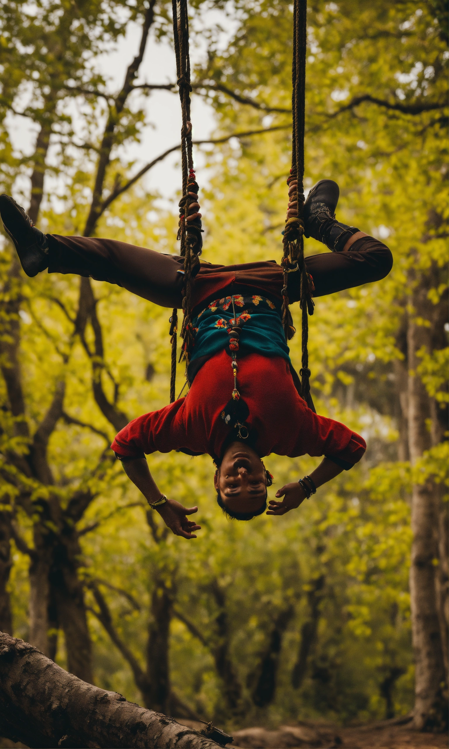 Lexica - Cinematic image of indigenous man of North America hanging upside down swinging from a tree