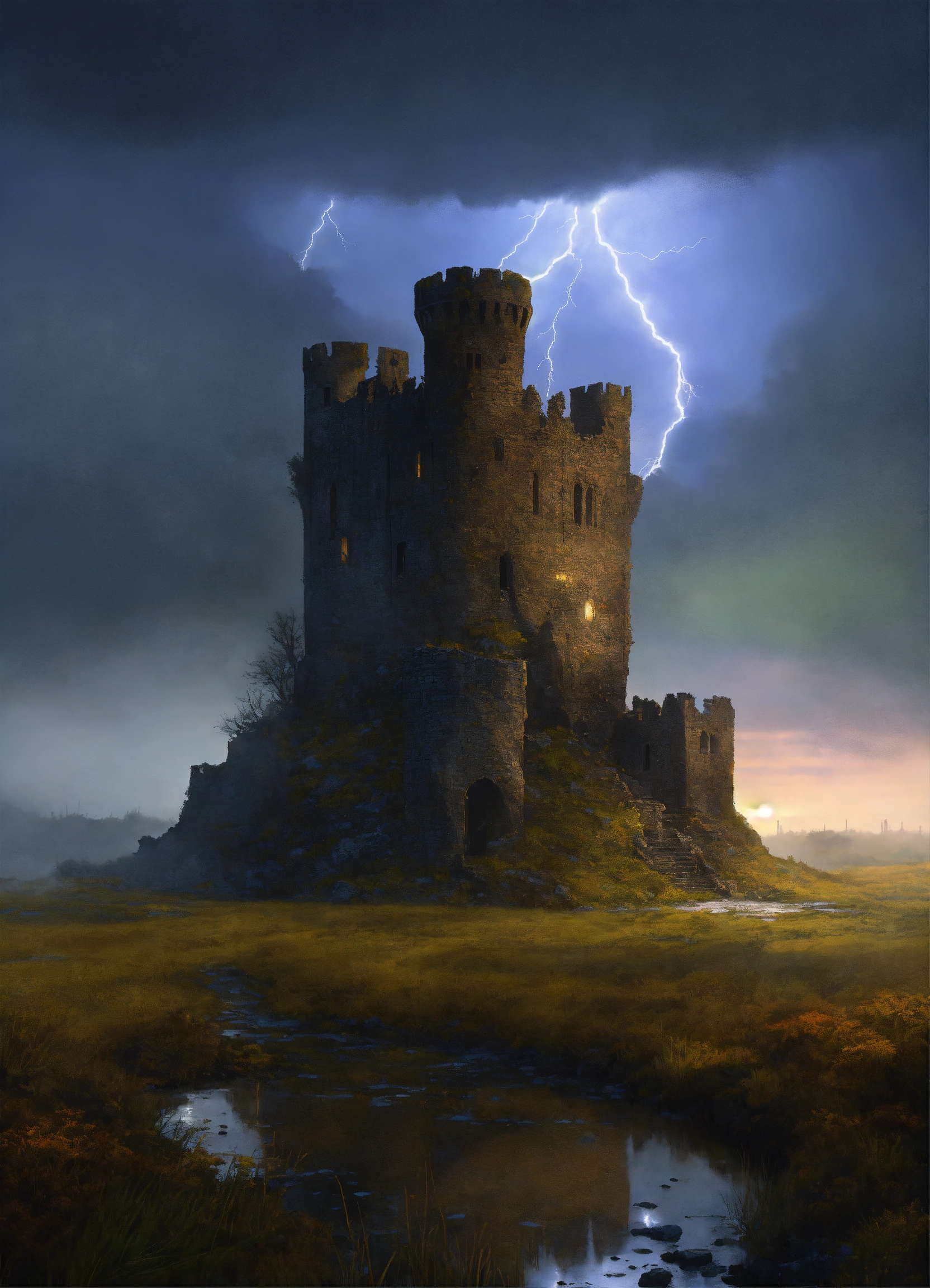 Lexica - Ruin of a stone castle in the middle of a foggy barren swamp ...