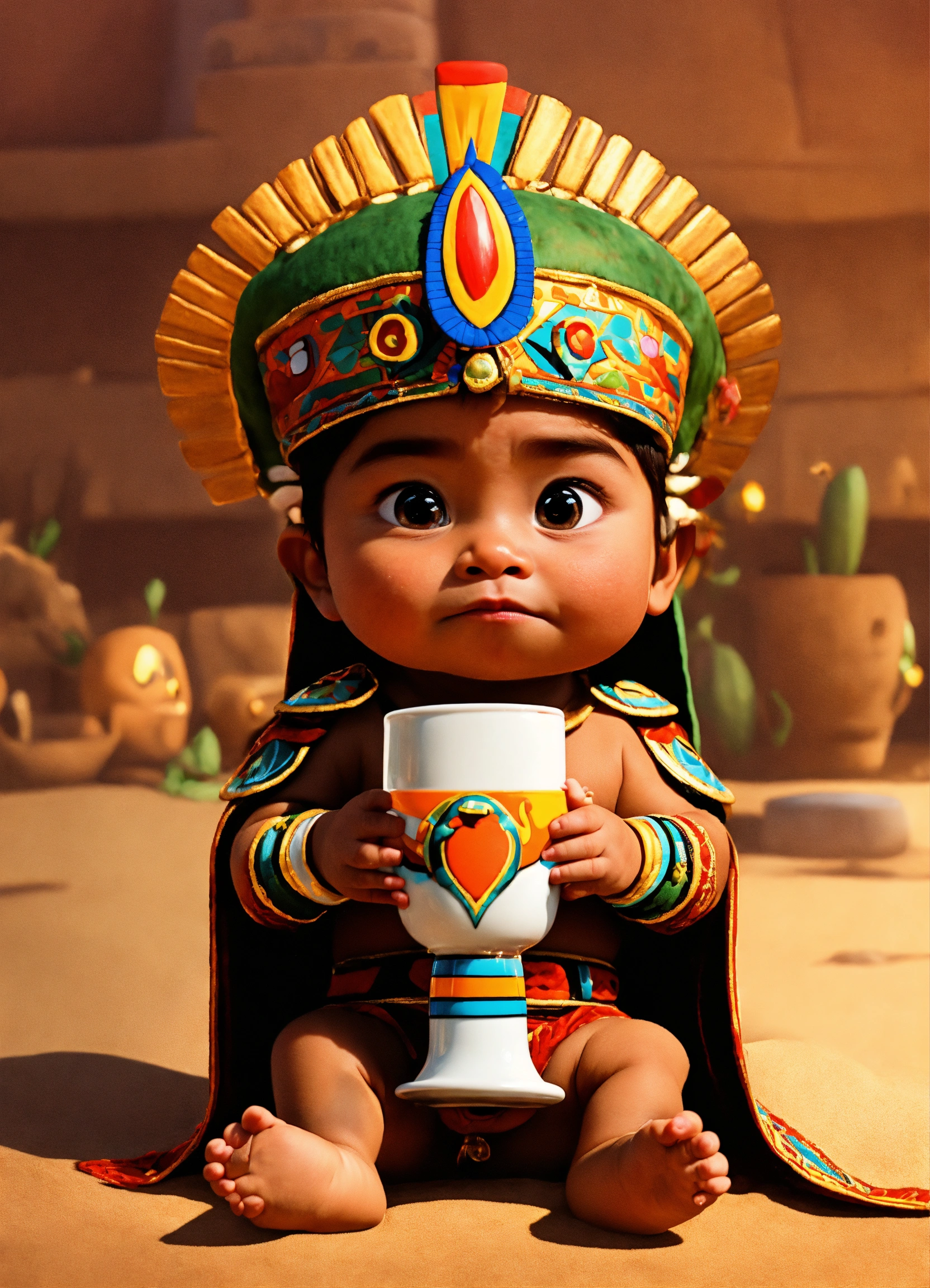 Lexica - Pixar animation of moctezuma as a baby, aztec emperor drinking ...