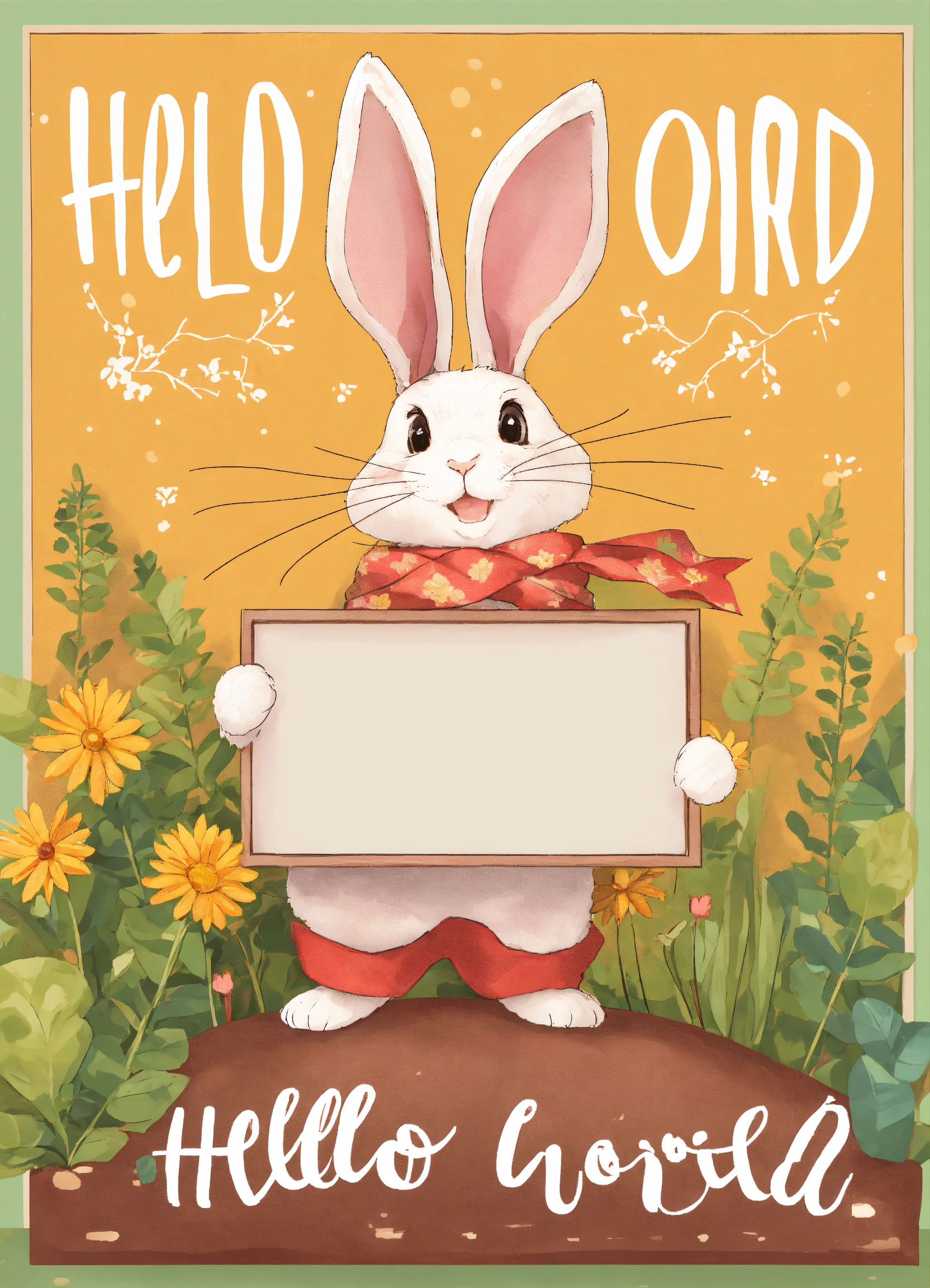 Lexica - A cute rabbit holding a sign that says "Hello World"