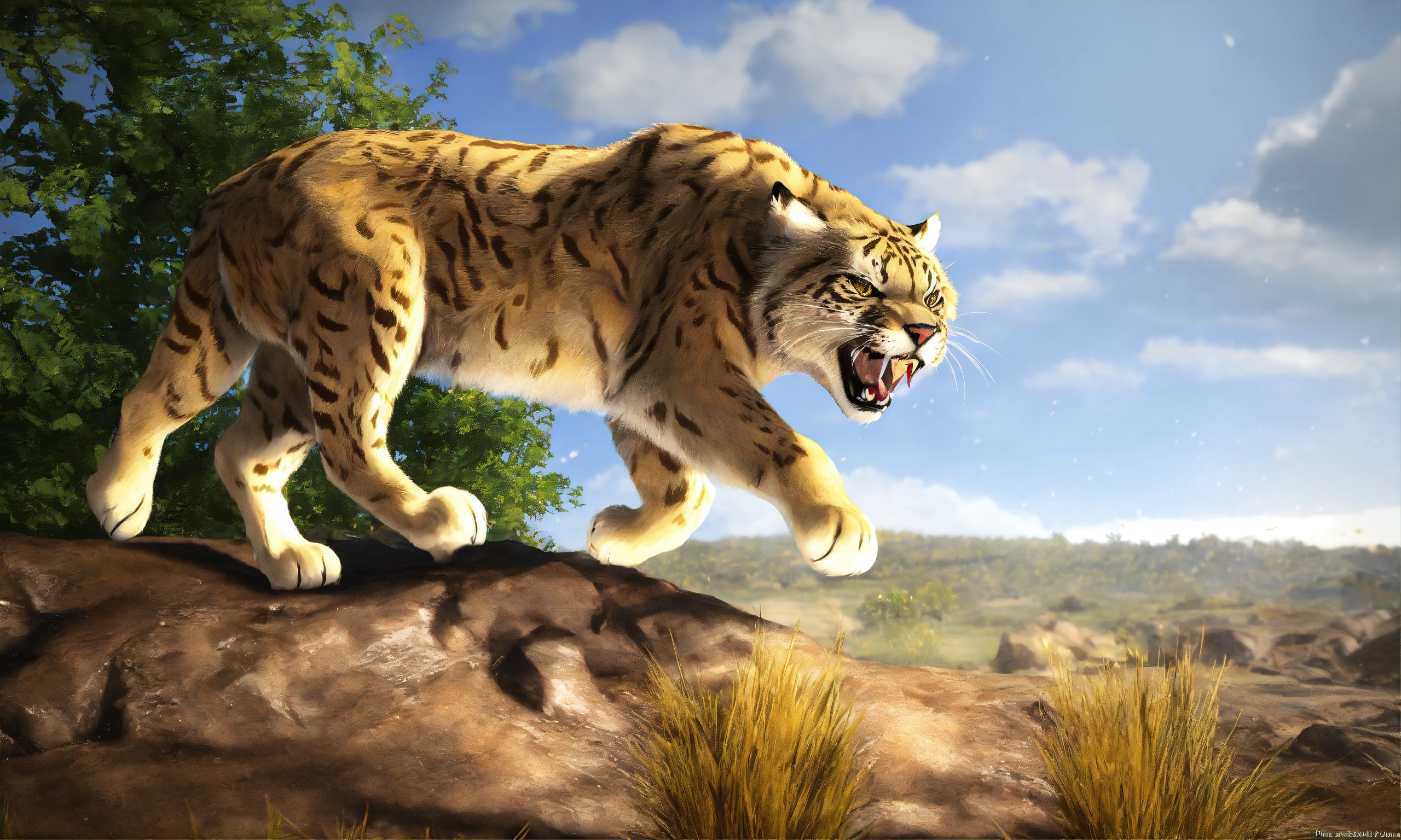 Lexica - Sabertooth cat Attacking with long canines, photorealistic