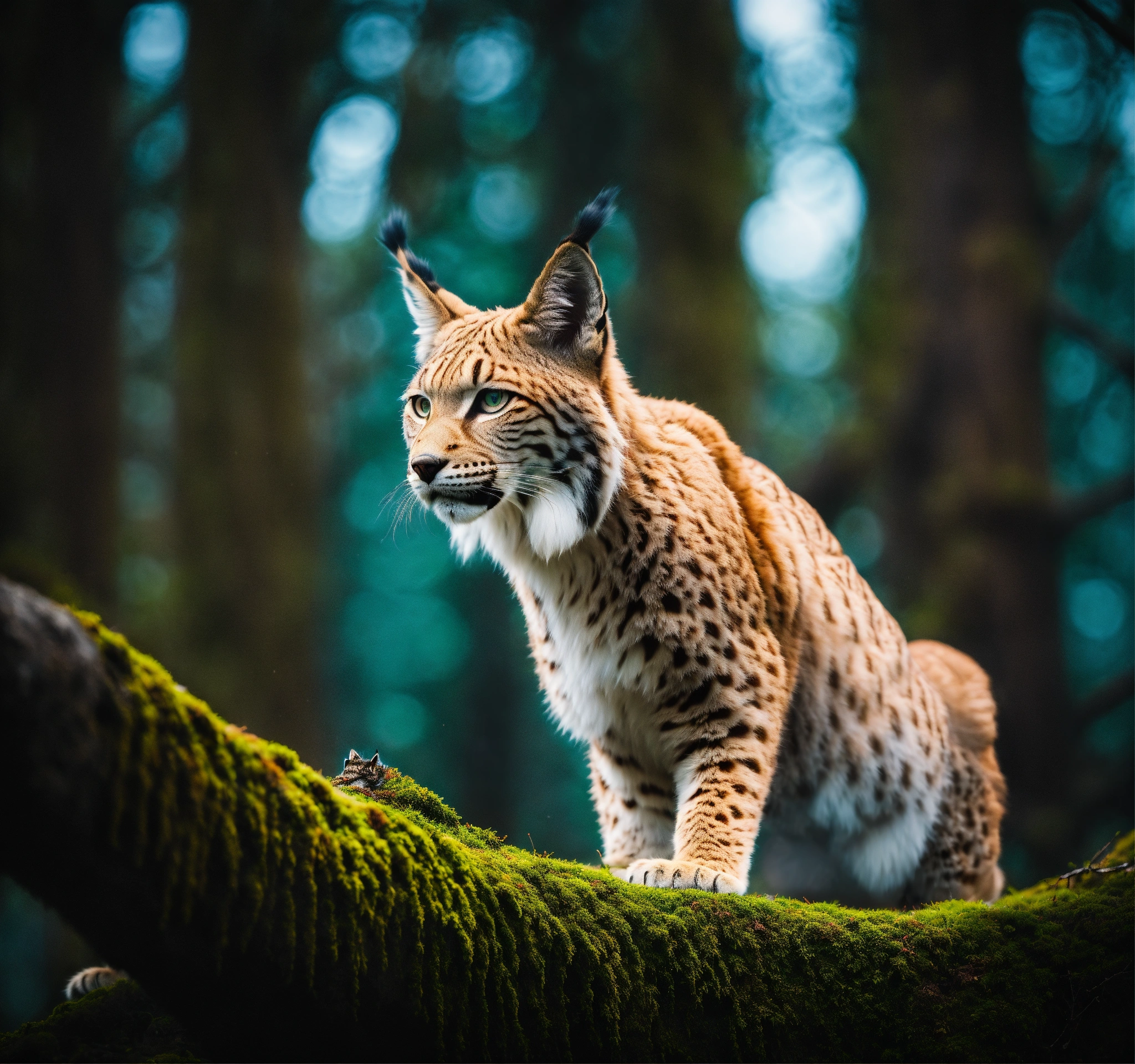Lexica - Minimal, cinematic, a lynx among the trees, forest lake, moss ...
