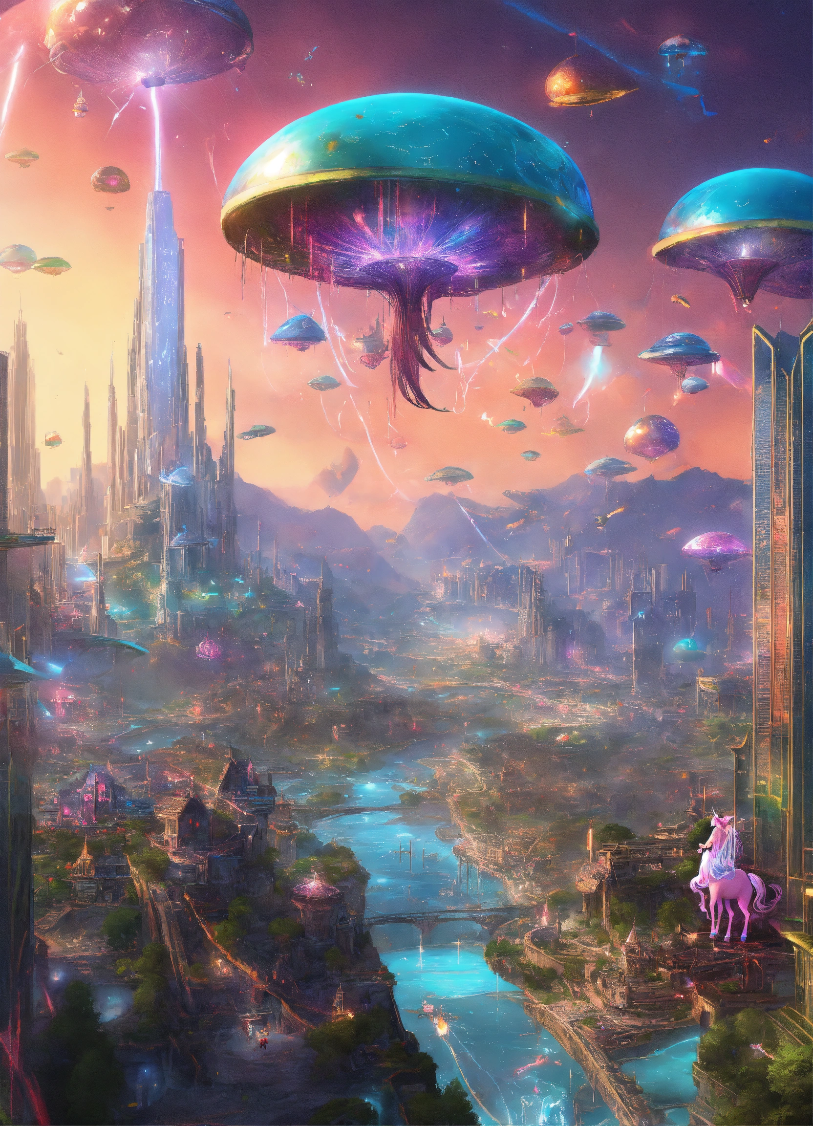 Lexica - Fairies overthrow in a futuristic metropolis with unicorns in ...