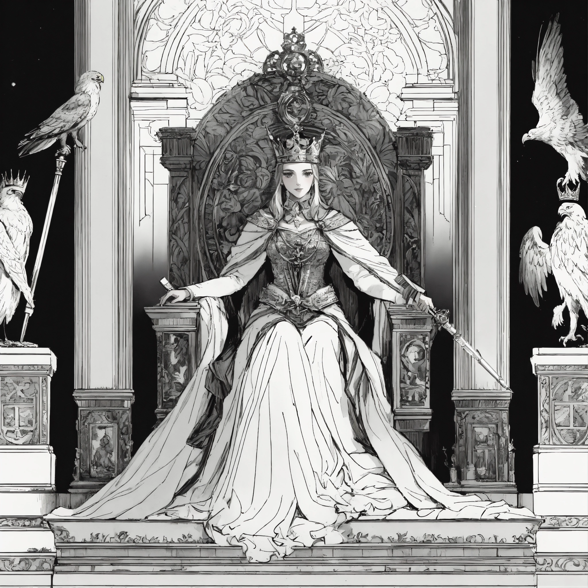 Lexica - Black and white drawing, a queen on her throne holding a ...