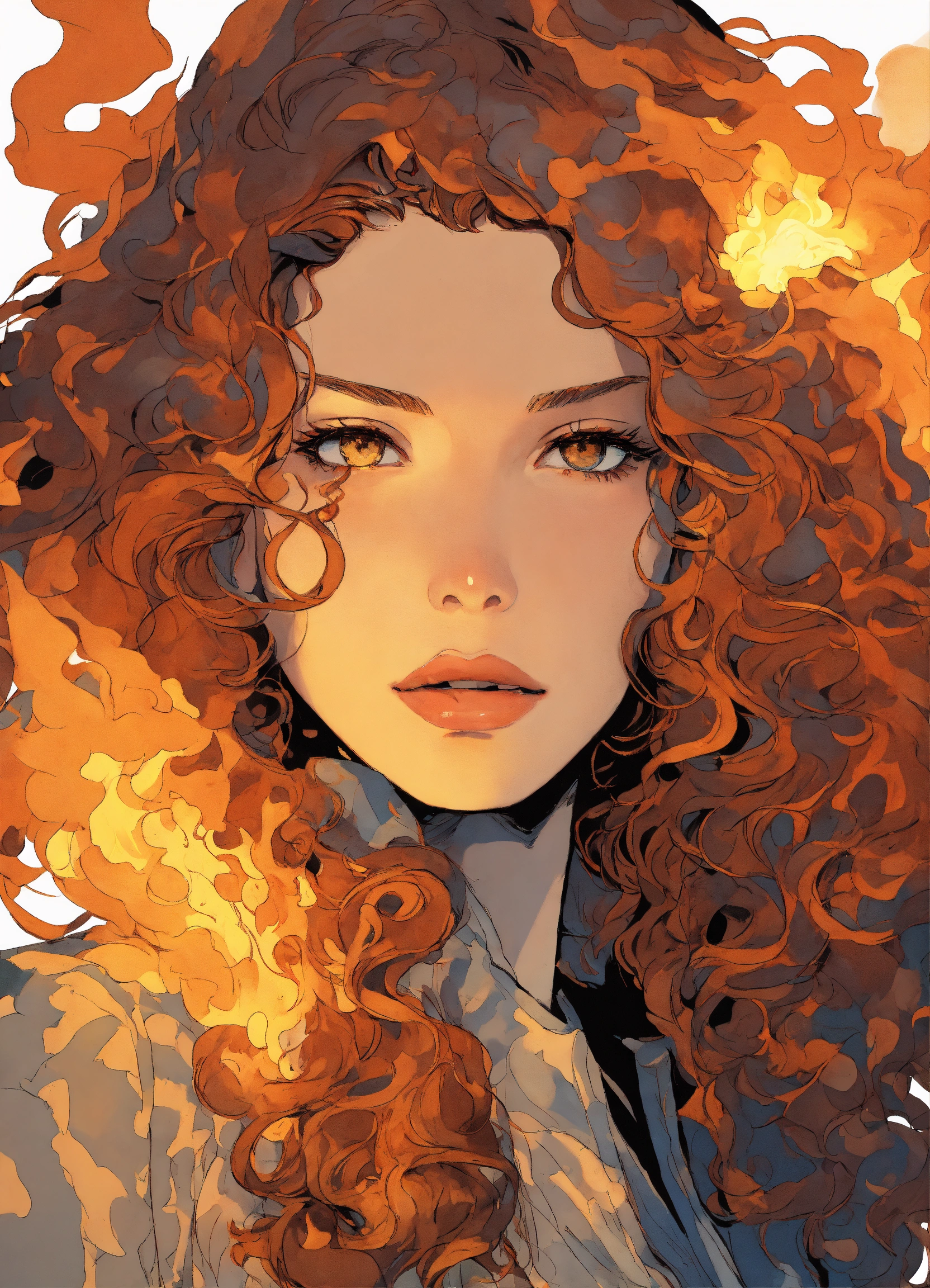 Lexica - A portrait. a long-haired woman with curly brown hair swirling ...