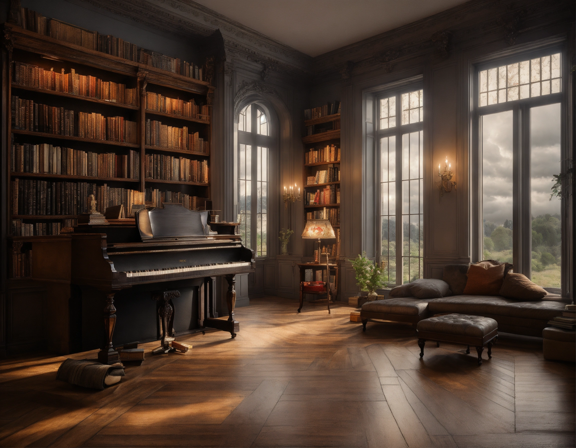 Lexica - Beautiful library with wooden floor, fireplace, carpets, piano ...
