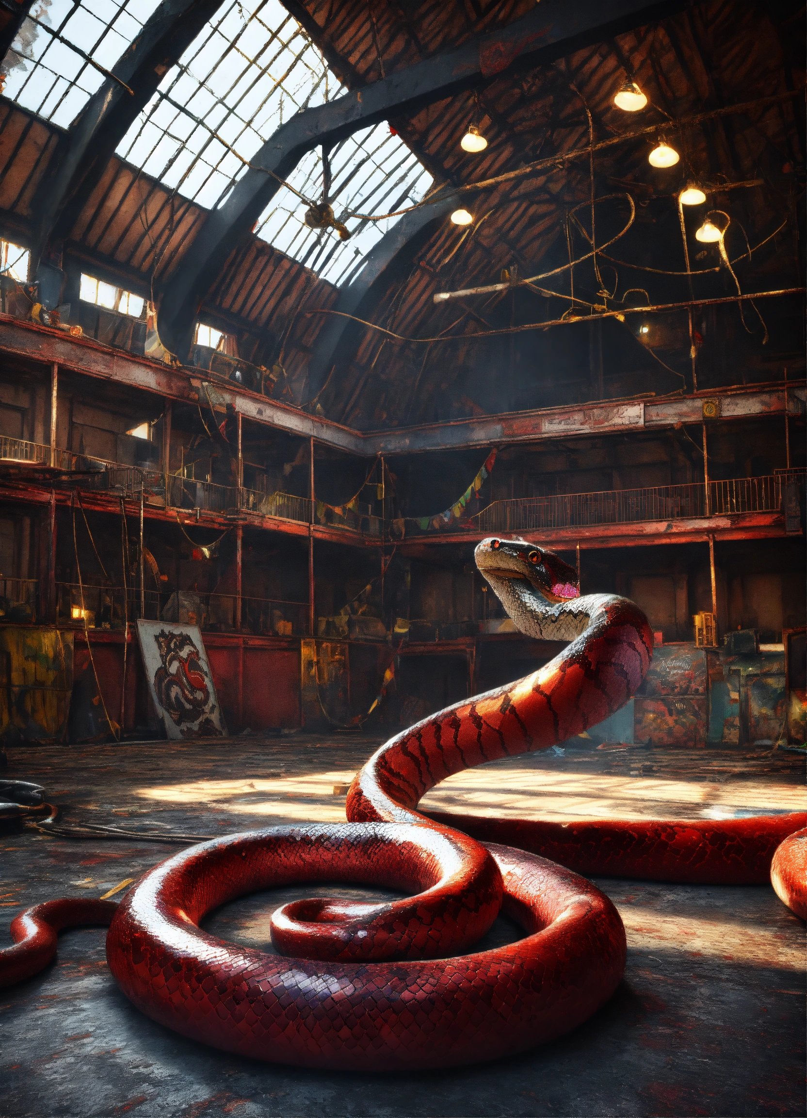 Lexica - An abandoned warehouse circus, snakes on the floor edgy art ...