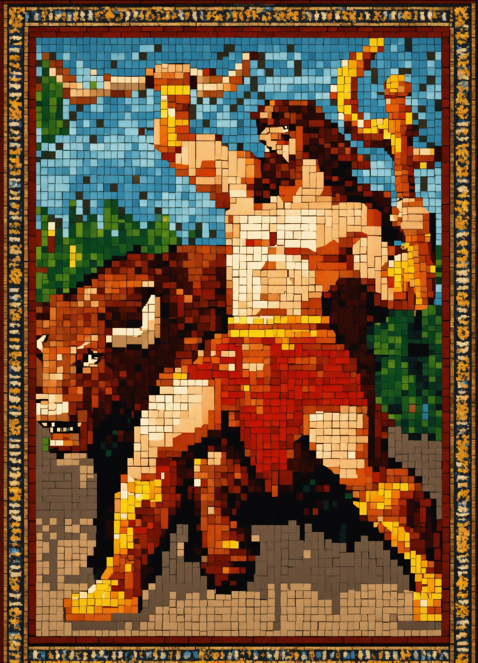 Lexica - Mosaic, Hercules fighting with a bull, red bulls of Geryon ...