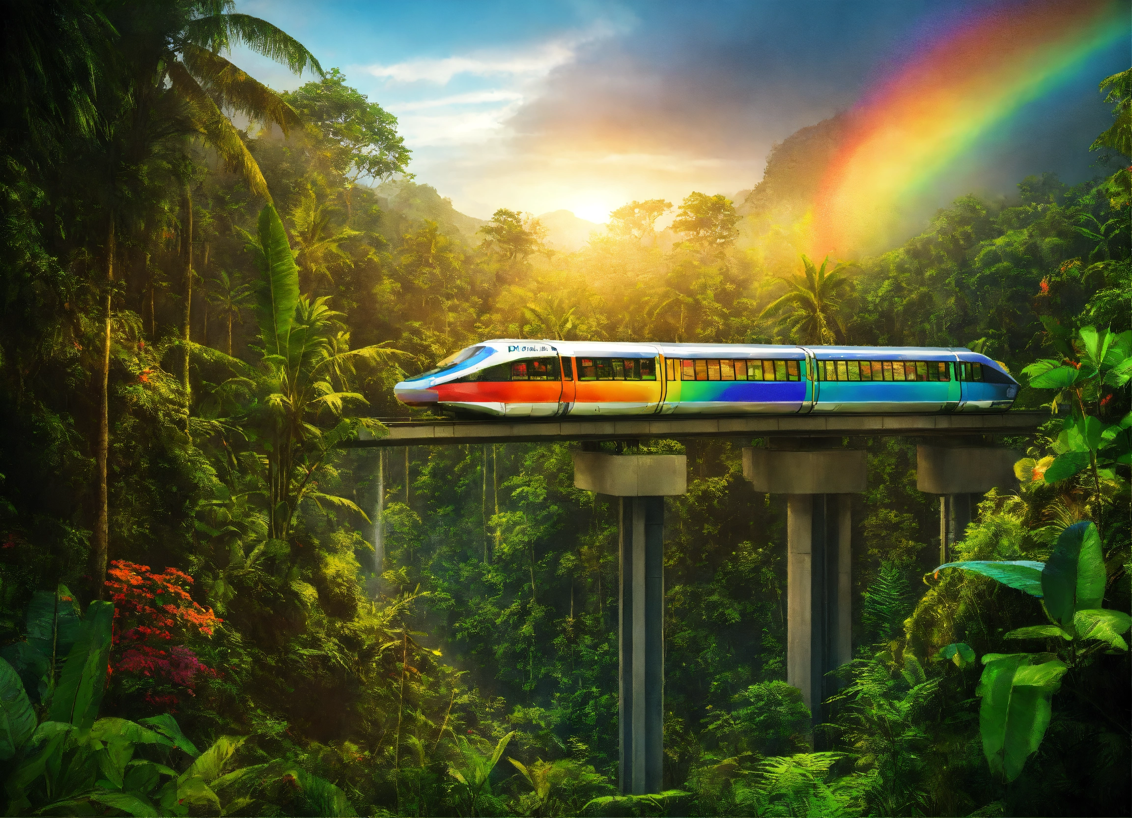 Lexica - Rainbow monorail running through the jungle, 8k , masterpiece