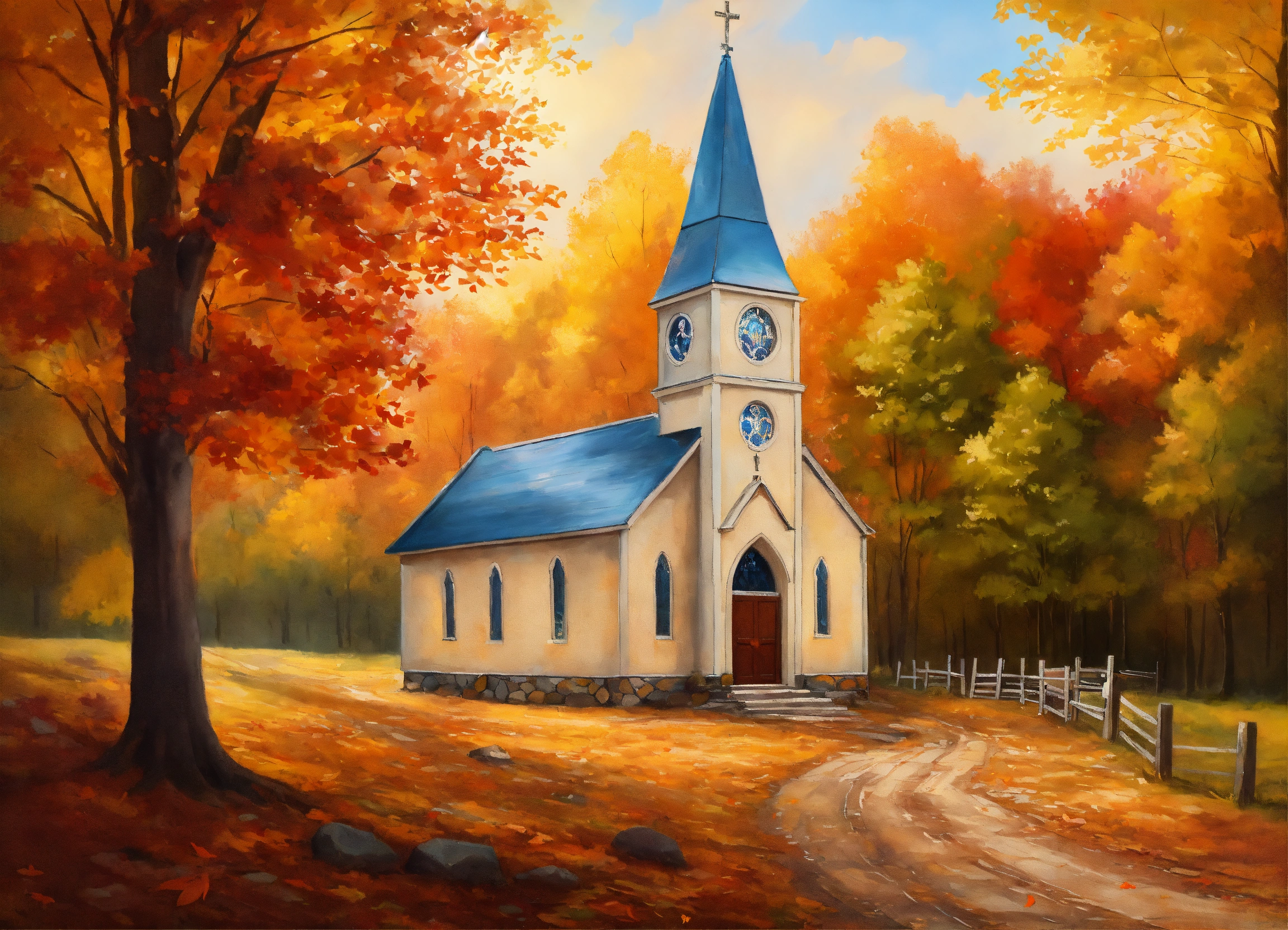 Lexica - Create a painting of a small, old stone church with a cross on ...