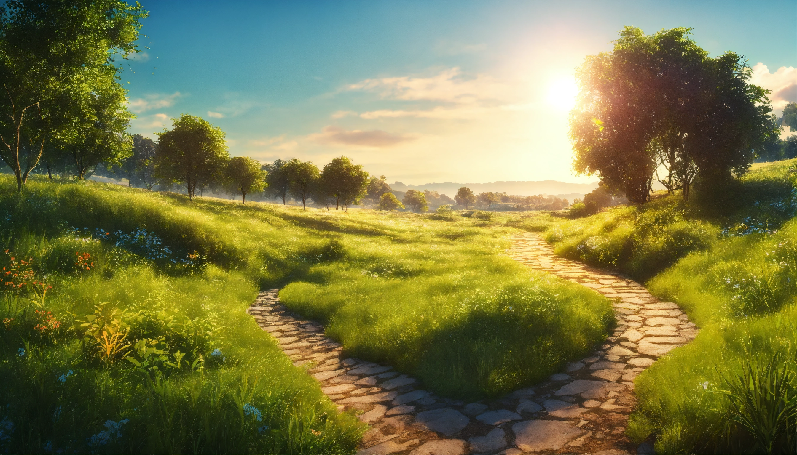 Lexica - Detailed landscape of grass and vegetation, paths, blue sky ...