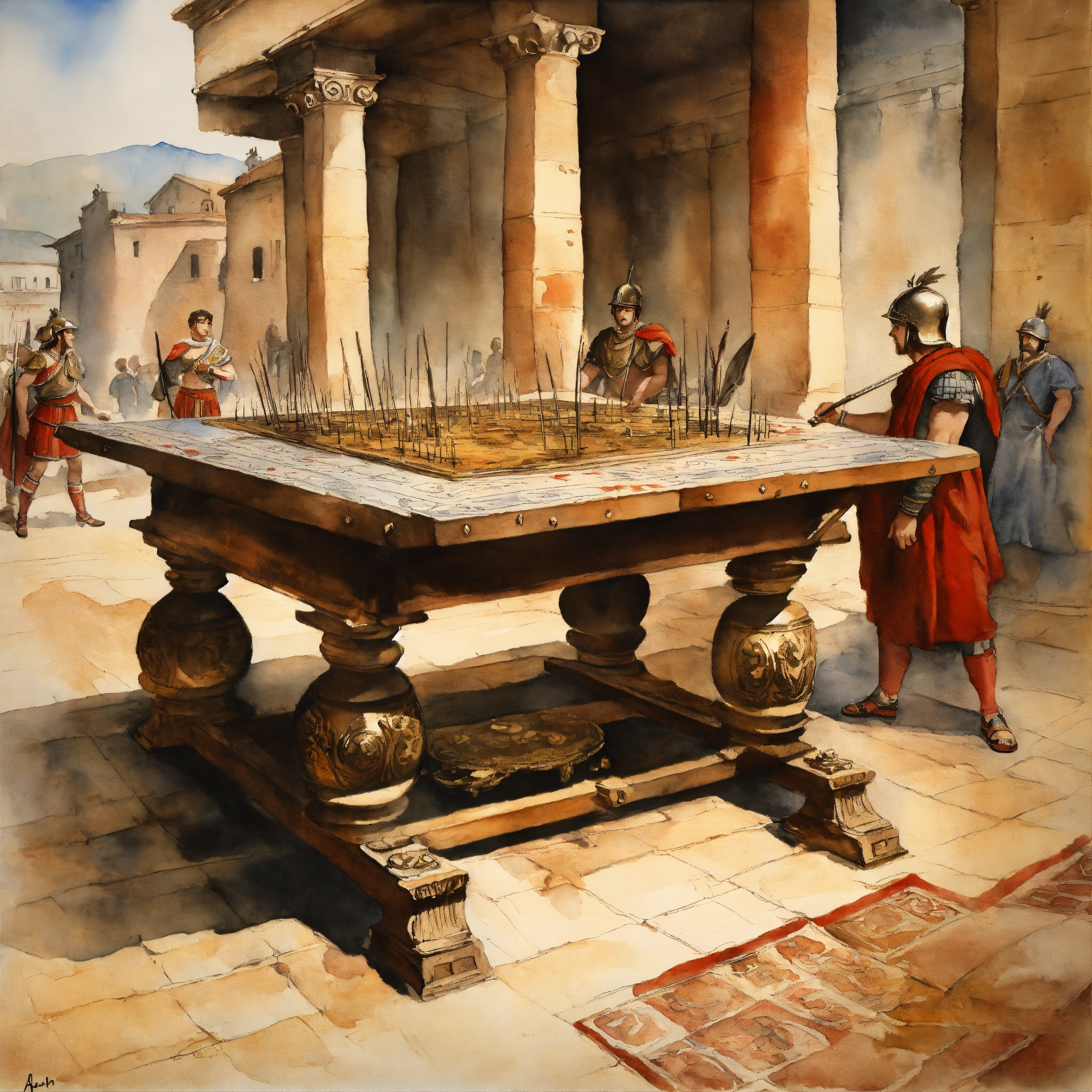 Lexica - Ancient roman battle table, aquarelle painting