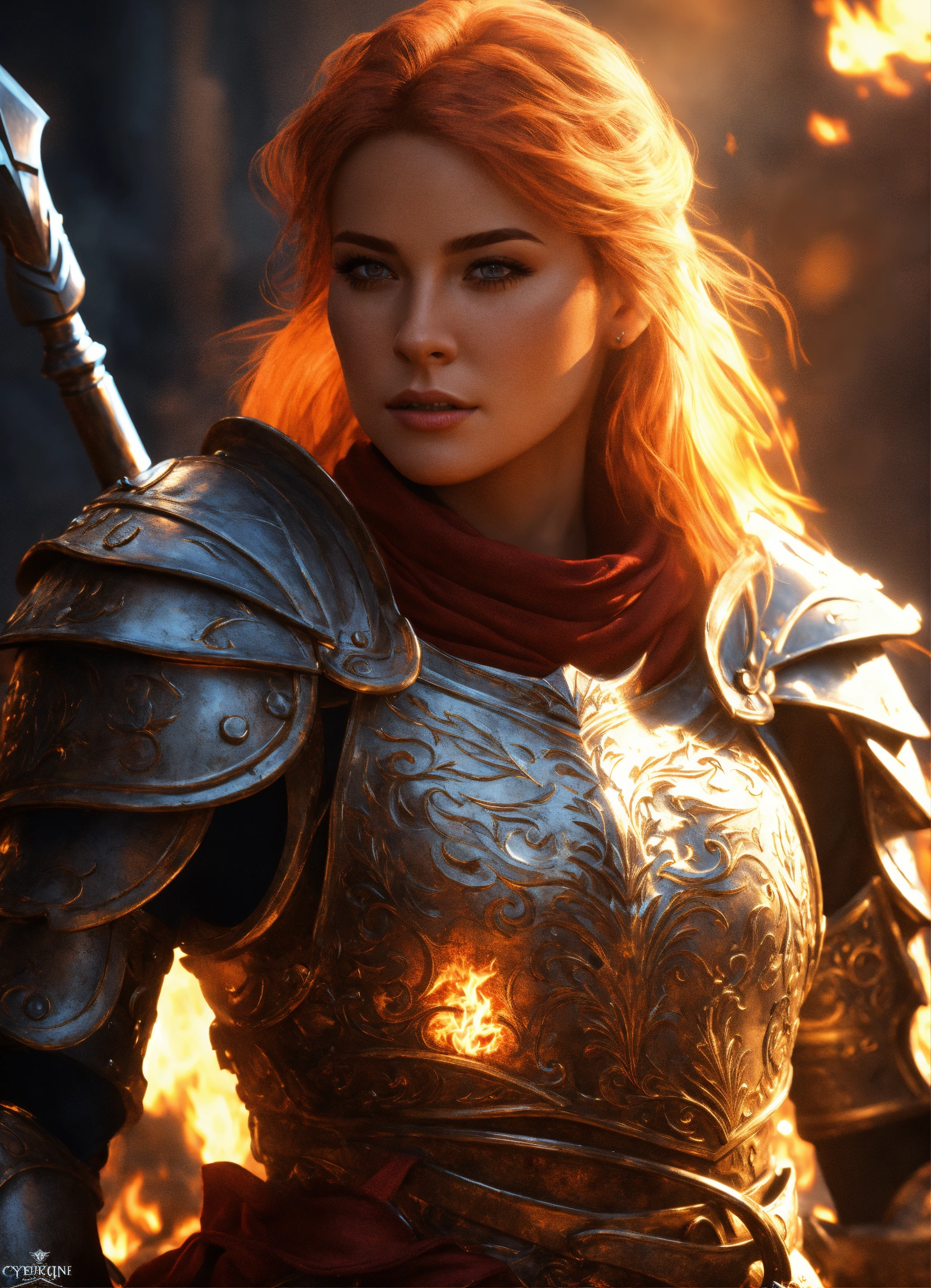 Lexica - Stunning female, order of flame Dralkan knight by Jeff Easley CryEngine render, 8k.