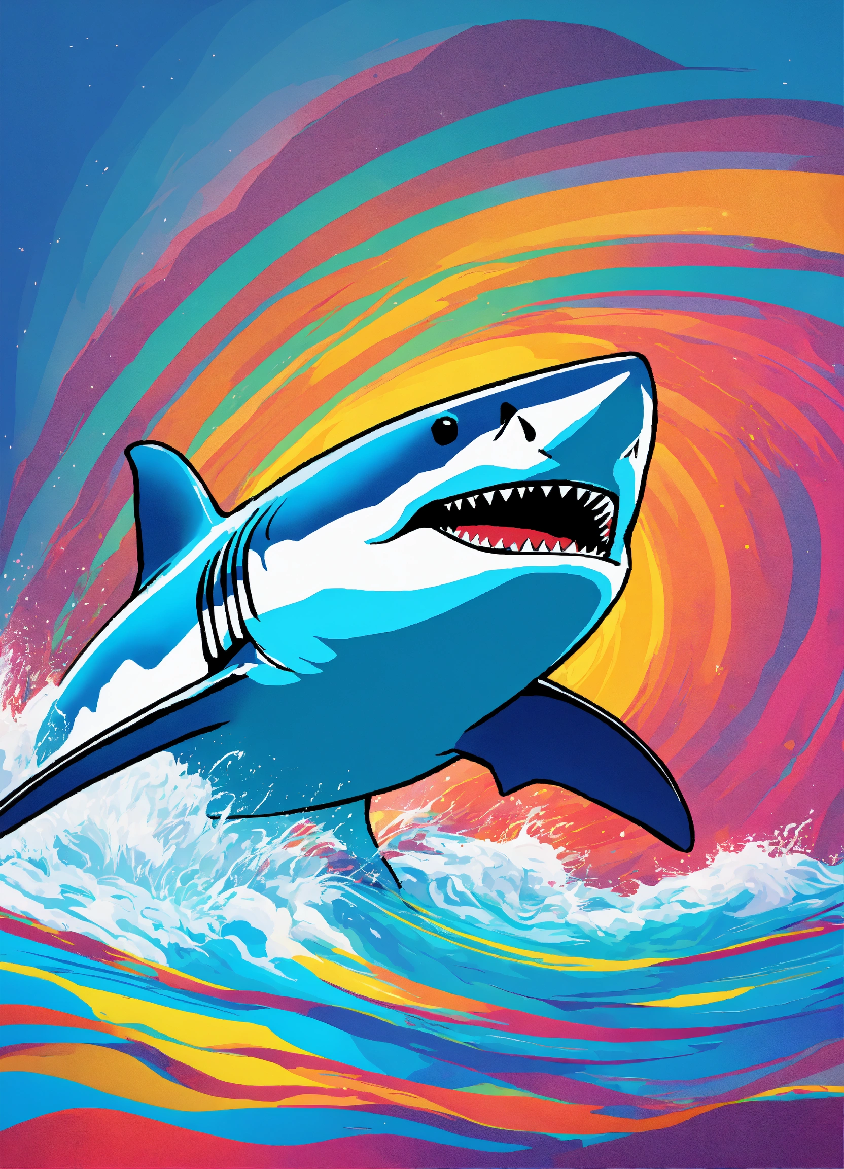 Lexica - Very color background with a great white shark busting through ...