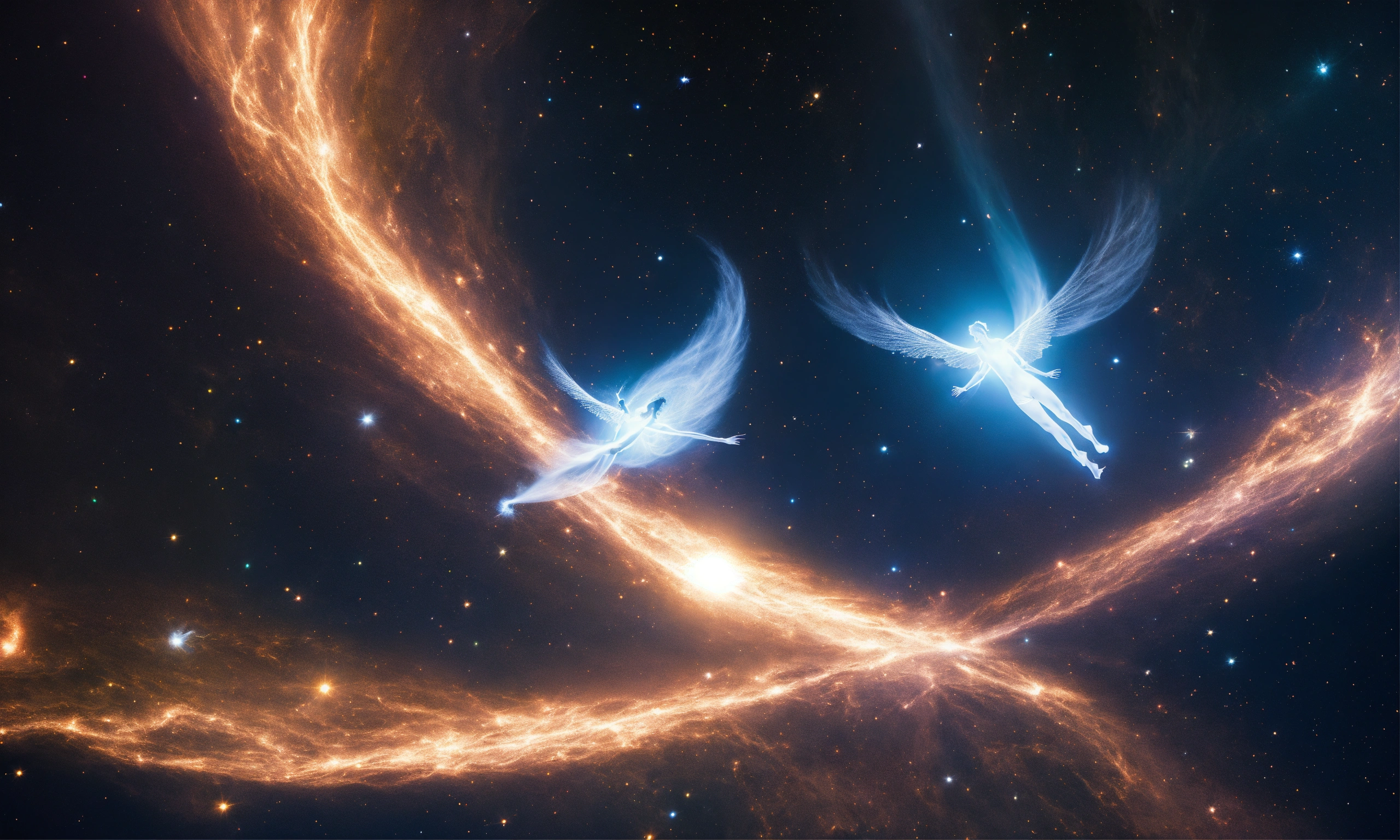 Lexica - Two flying human figures of light in the darkness of space