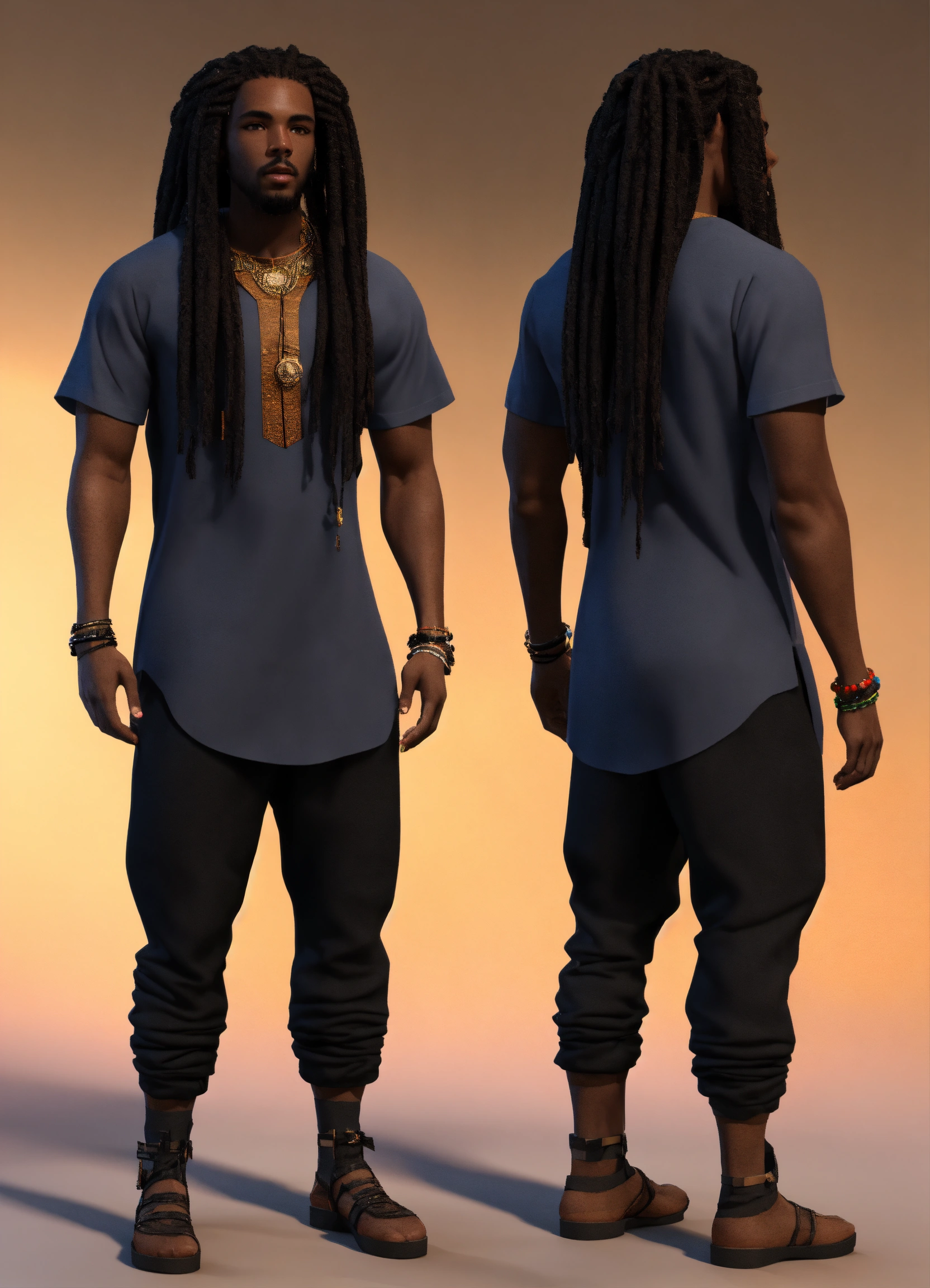 Lexica - 3d render of a Black man with long flowing dreadlocks, 6'5" tall, well-built, full body ...
