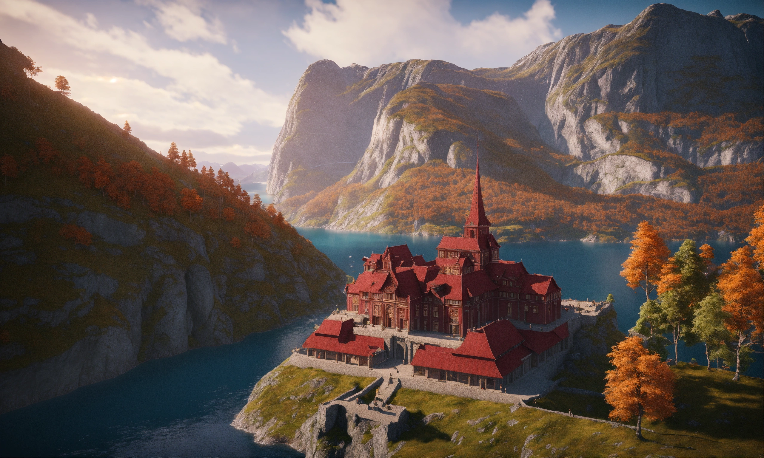 Lexica - Full image of a massive royal palace with a maroon roof on a cliff overlooking a Fjord ...