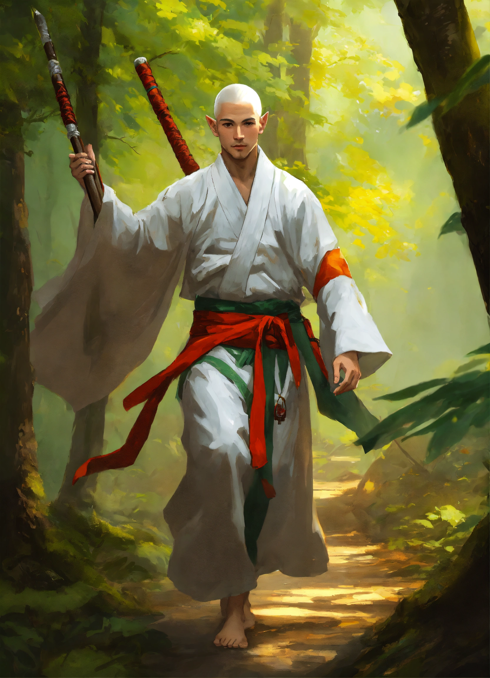 Lexica - White headed elf monk in martial artist robes with Stalf in a ...