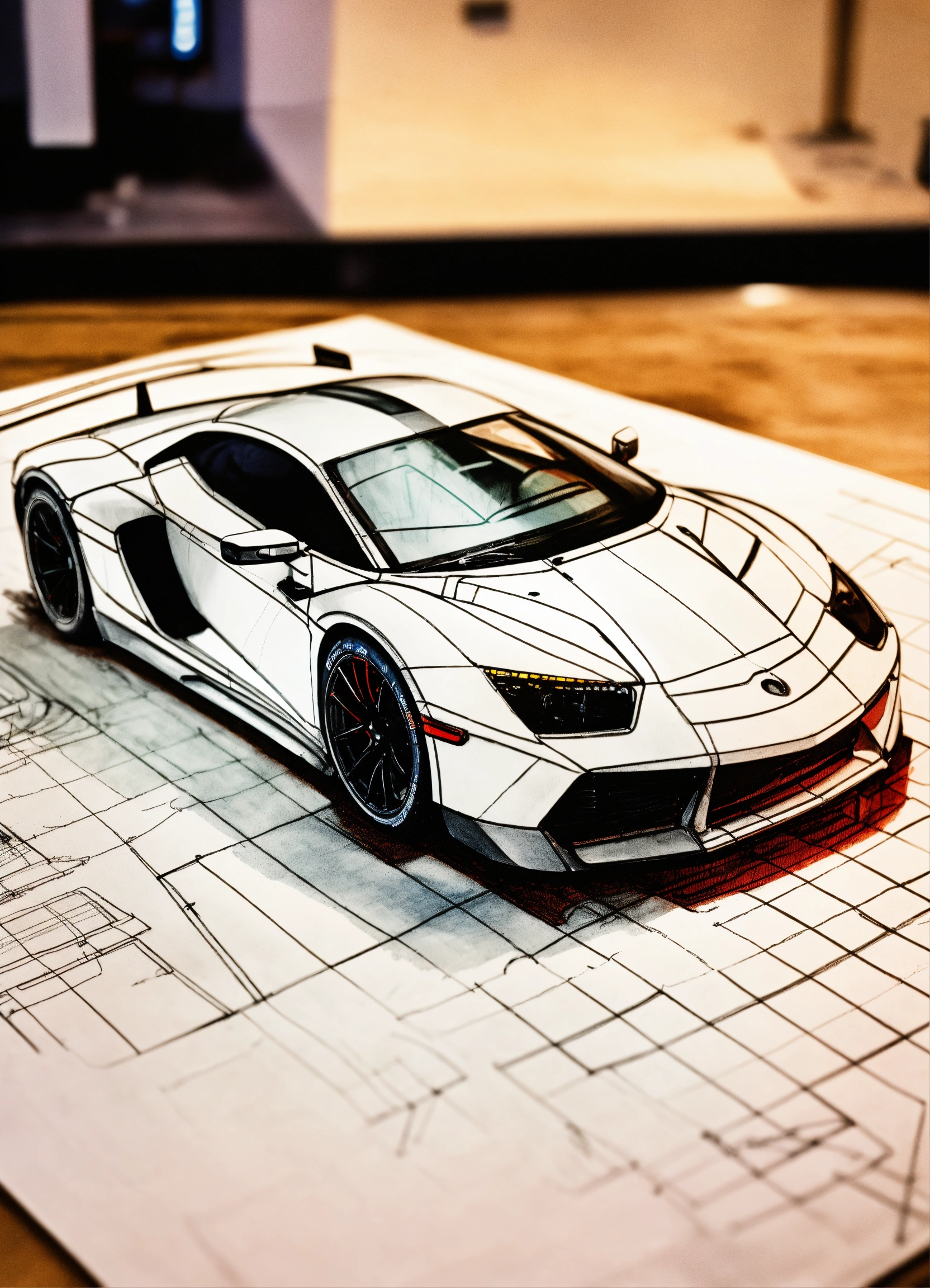 Lexica - Vehicle design technical drawing, on white grid paper fading ...