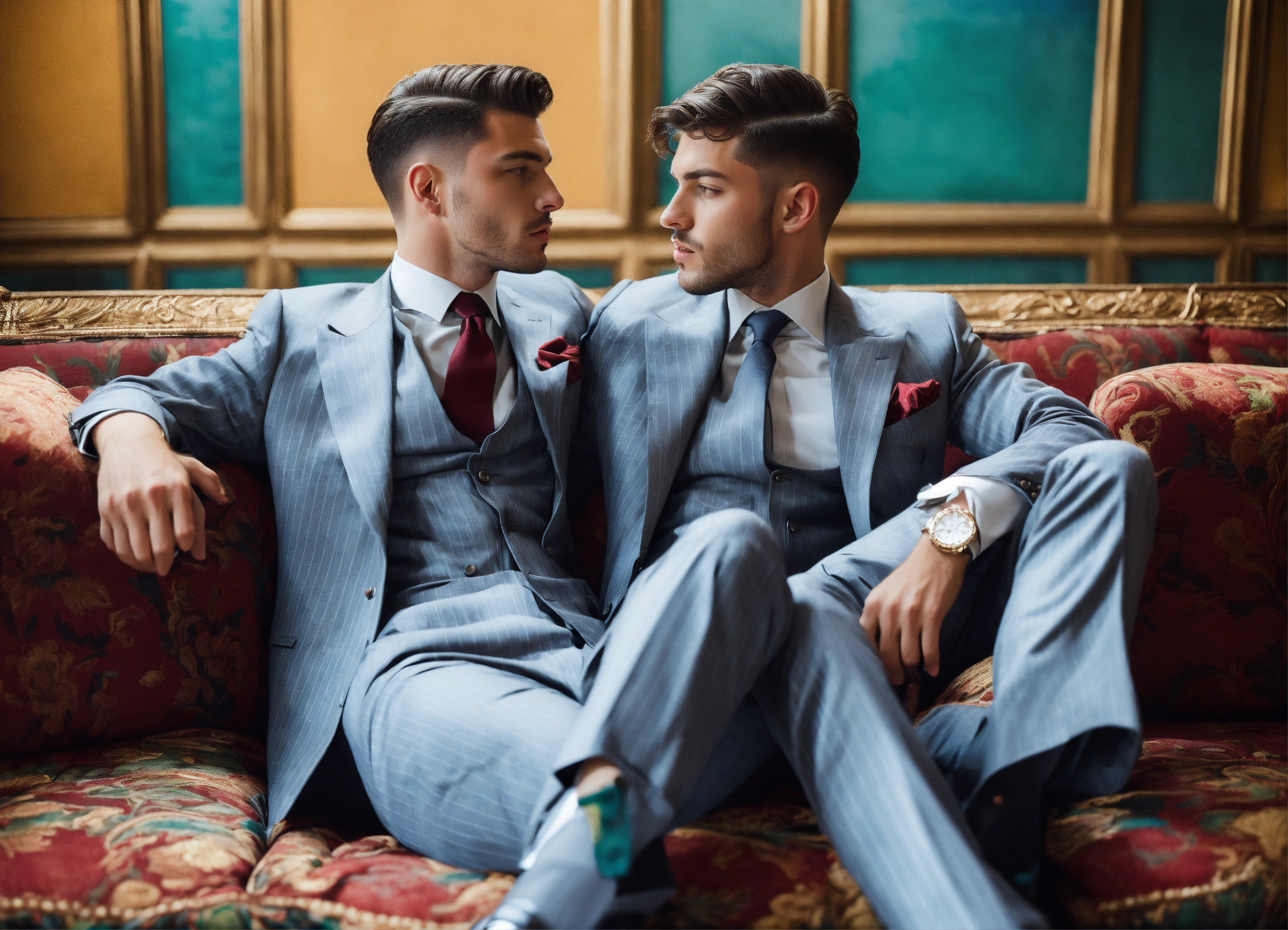 Lexica - Two young Italian gentlemen in light grey pinstripe suit, blue ...