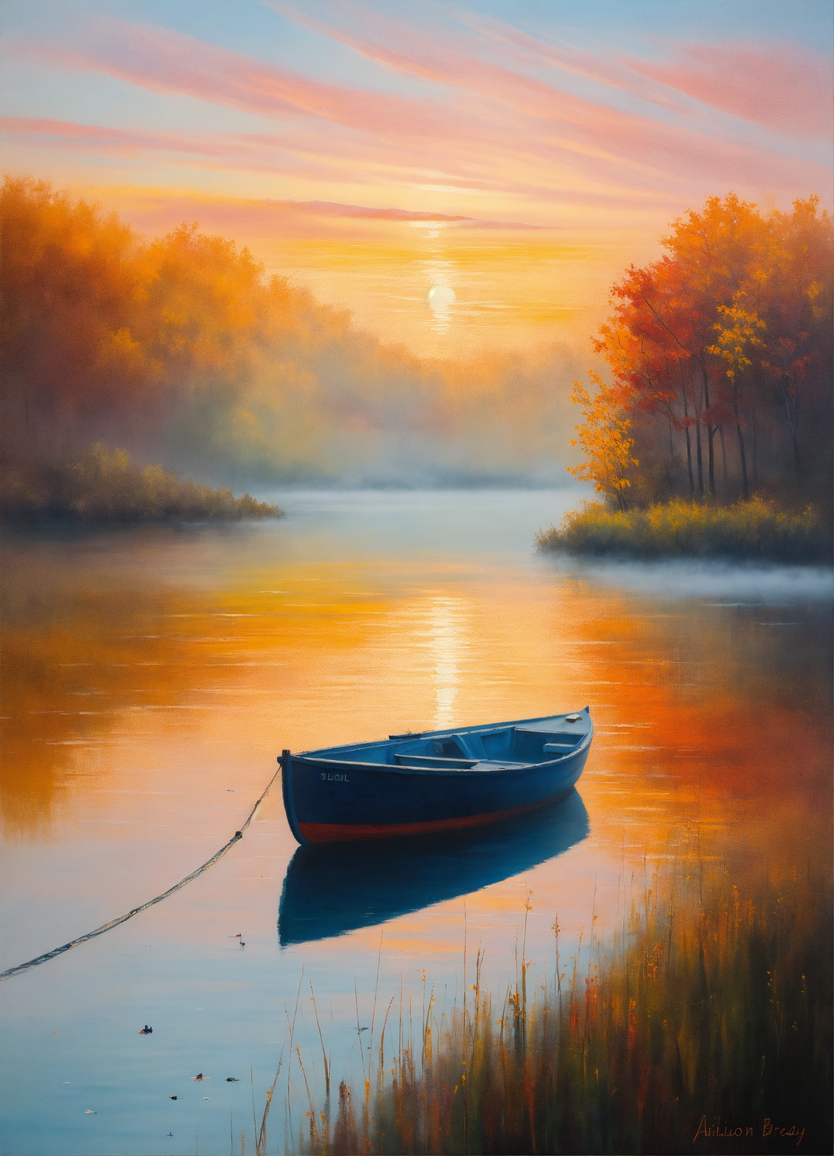 Lexica - Sunrise on a foggy morning over a misty lake with a boat ...