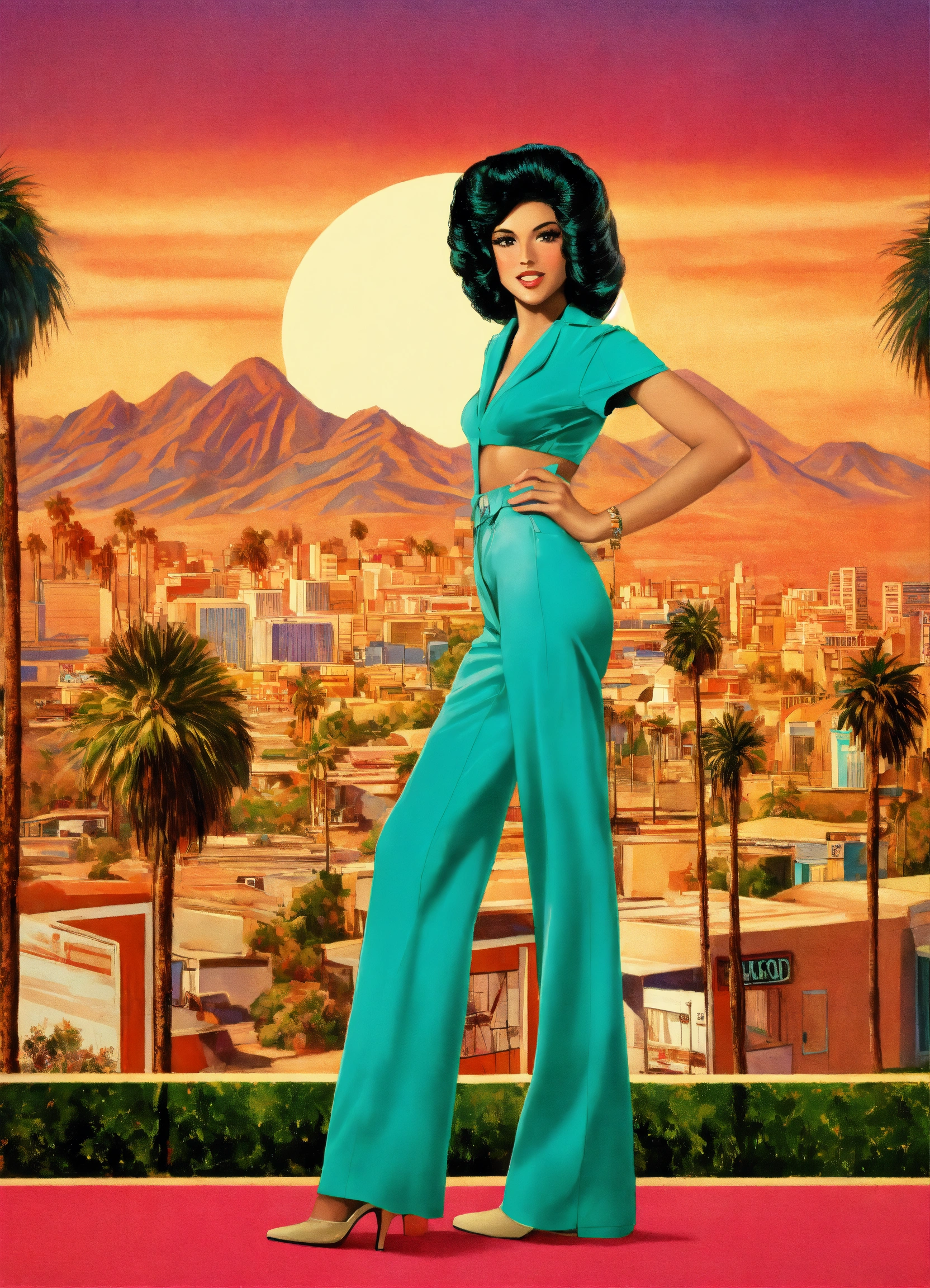Lexica - Woman retro America style 1970-1990, Hollywood background ...