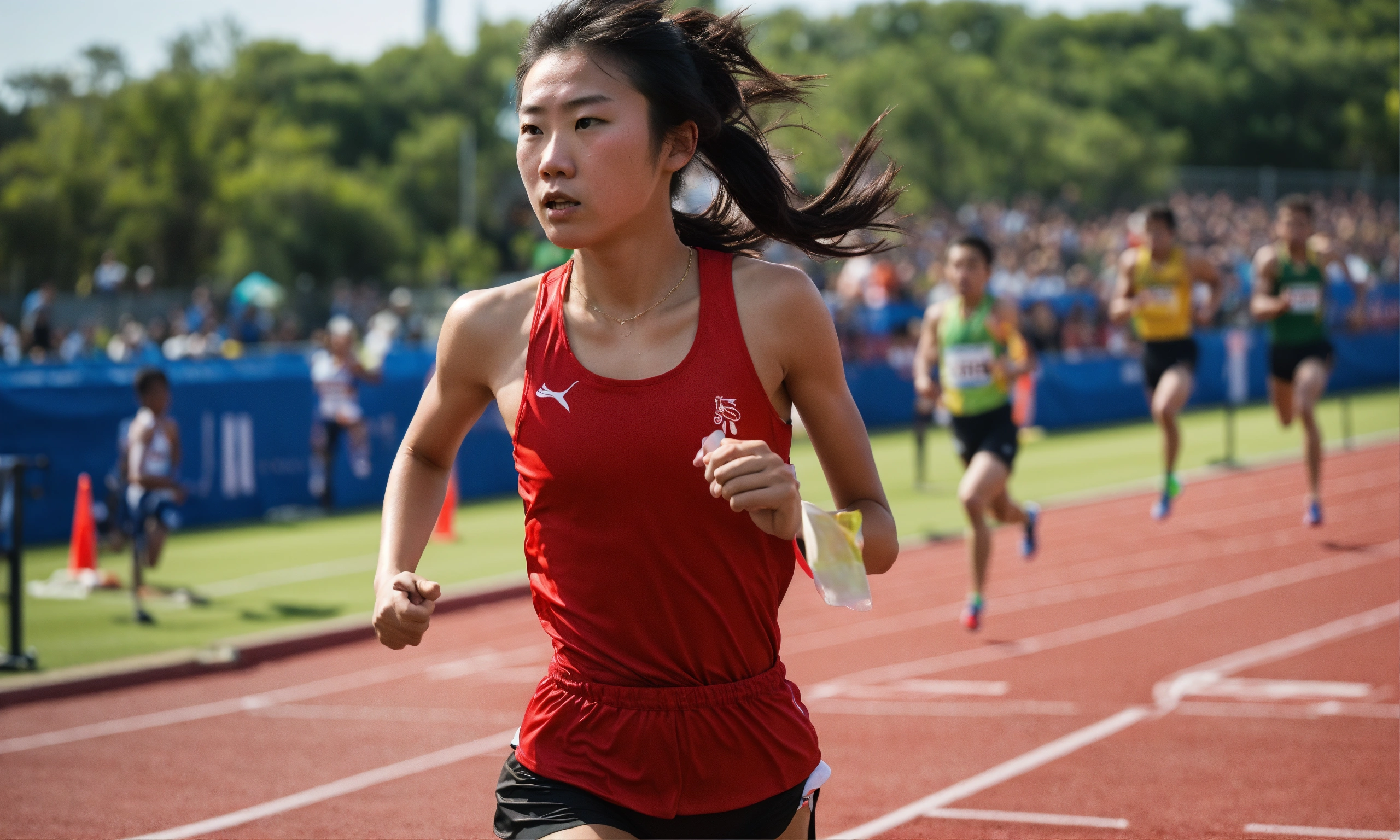 Lexica - Mid-day track field, full establishing shot, stadium finish ...