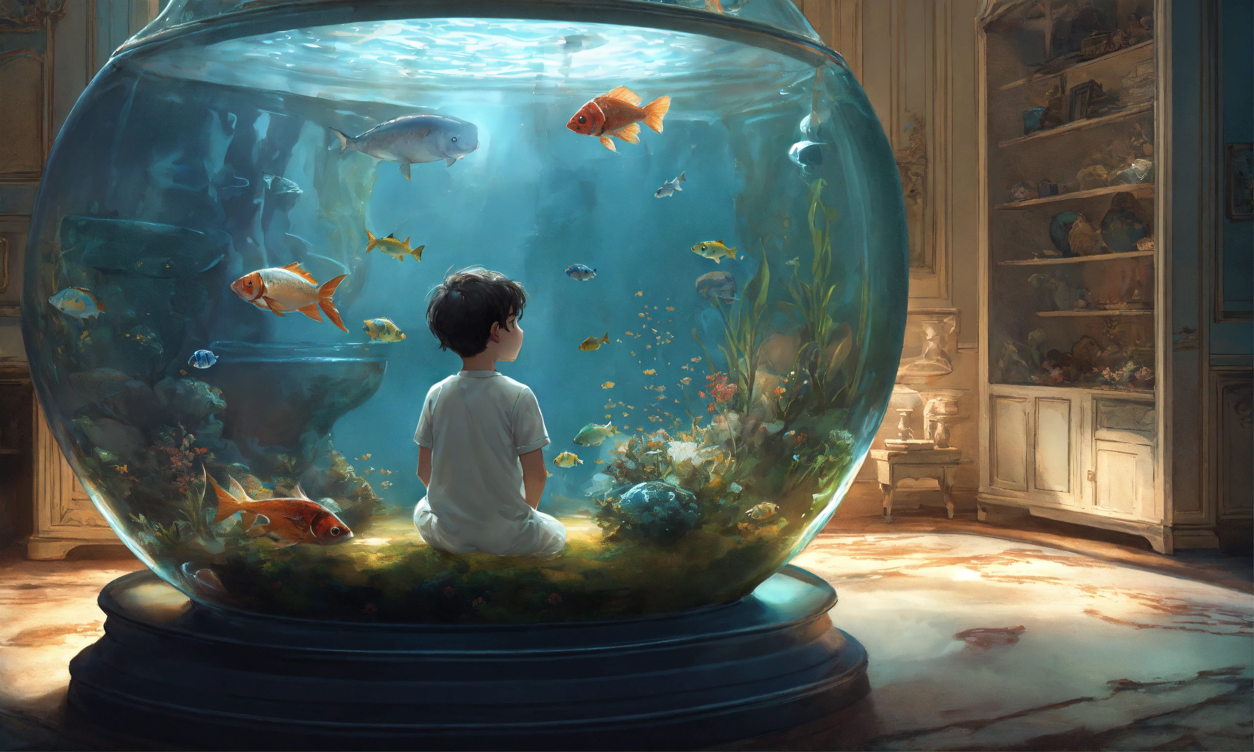 Lexica - A pale brune boy in white pijamas floating inside a giant ...