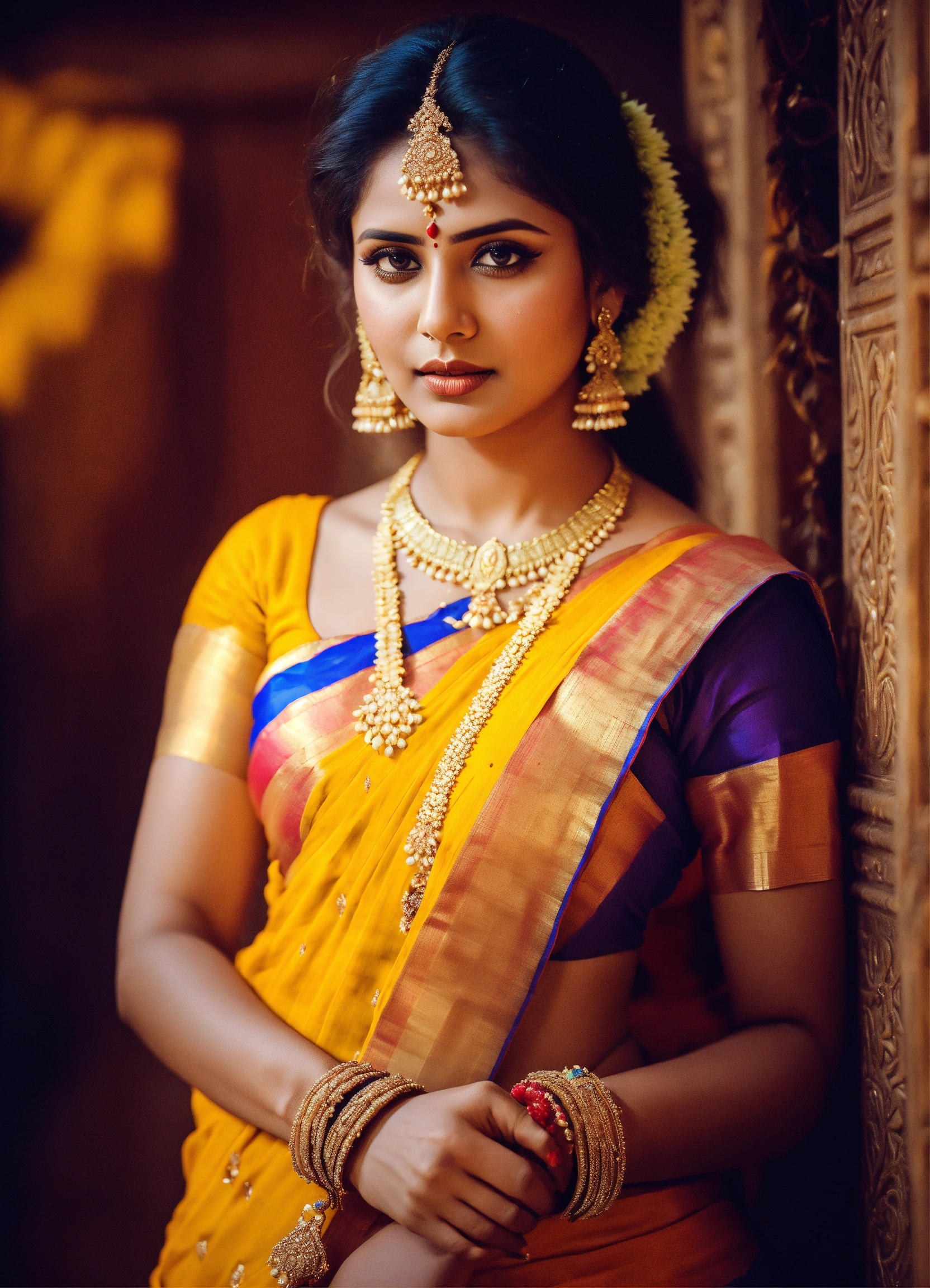Lexica - Young women full Saree romantic looks focused gazes